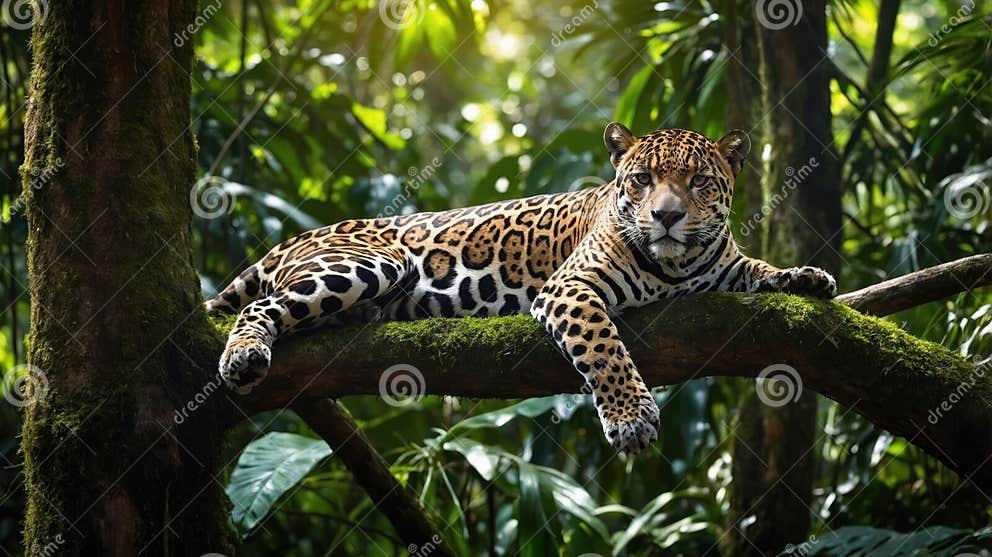 A Jaguar Resting on a Tree Branch in a Lush Rainforest Setting Stock ...
