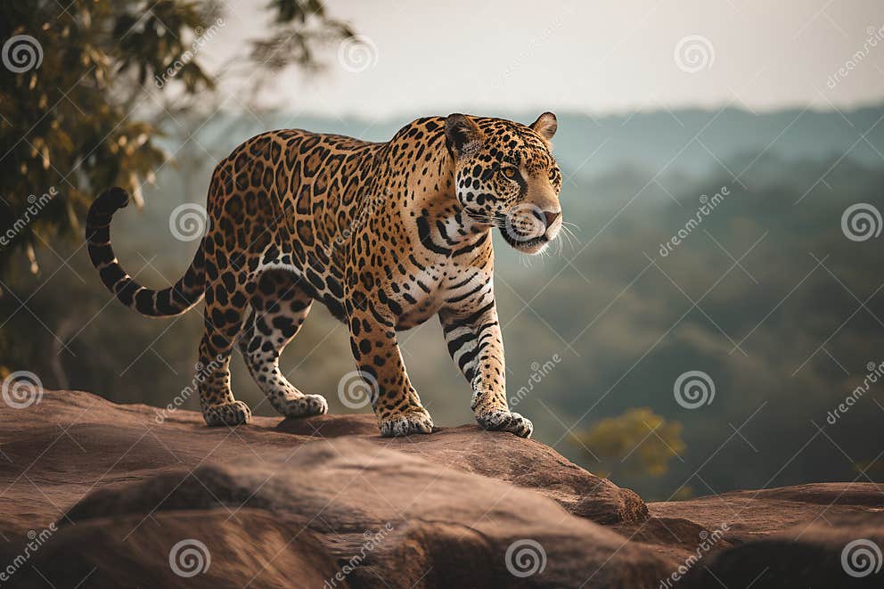 Jaguar Standing on the Rock Looking at the Camera. 3d Rendering Stock ...