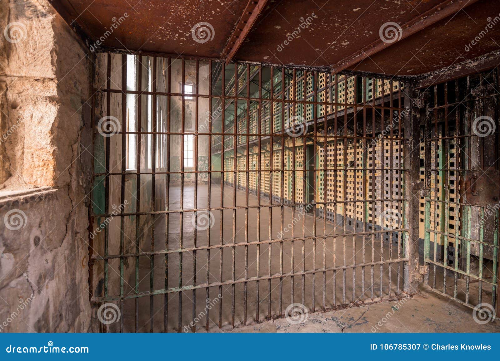 Jail Cell Corridor with Painted and Rusted Bars Stock Image - Image of ...