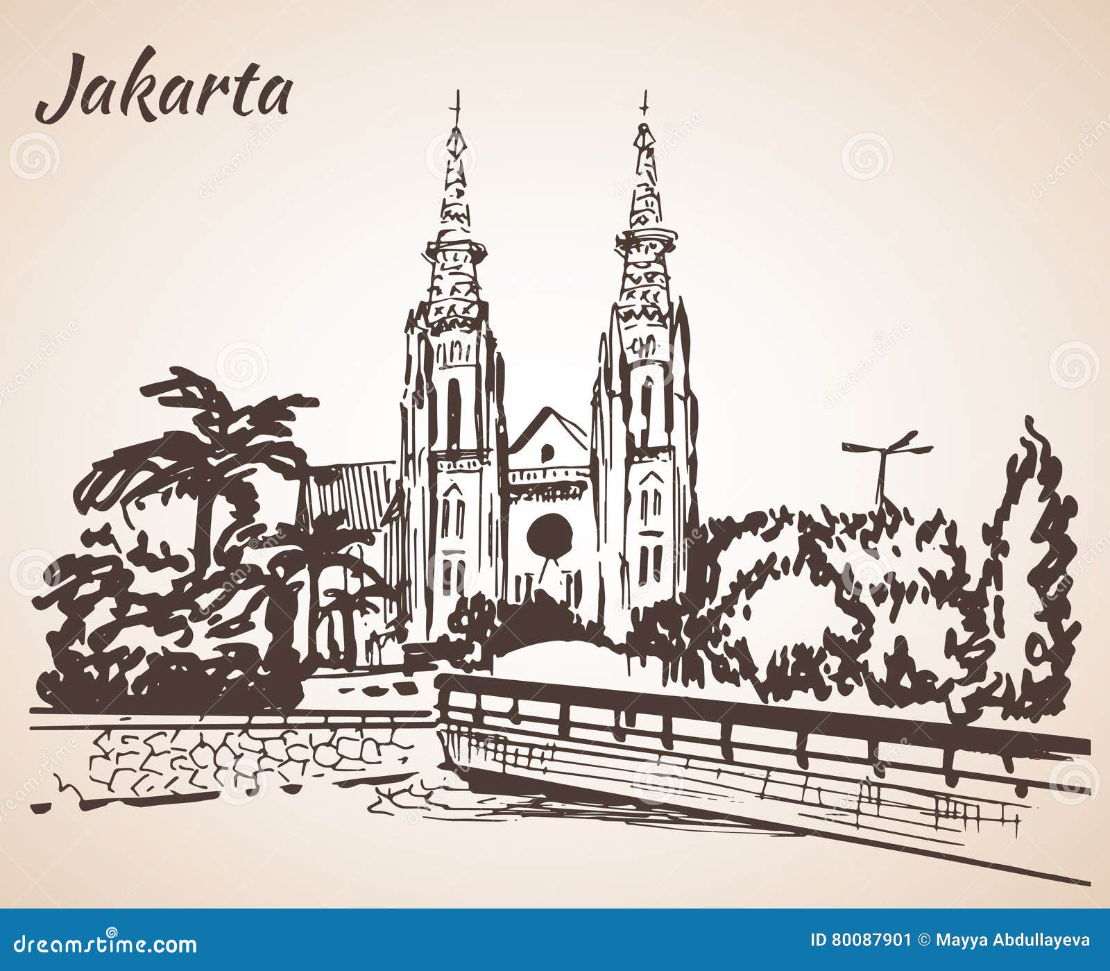 Jakarta Sketch Skyline. Jakarta, Indonesia Vintage Vector Illustration ...