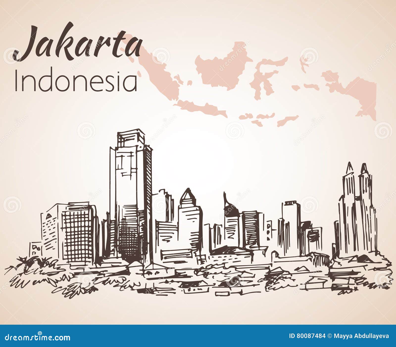 Jakarta Sketch Skyline. Jakarta, Indonesia Vintage Vector Illustration ...