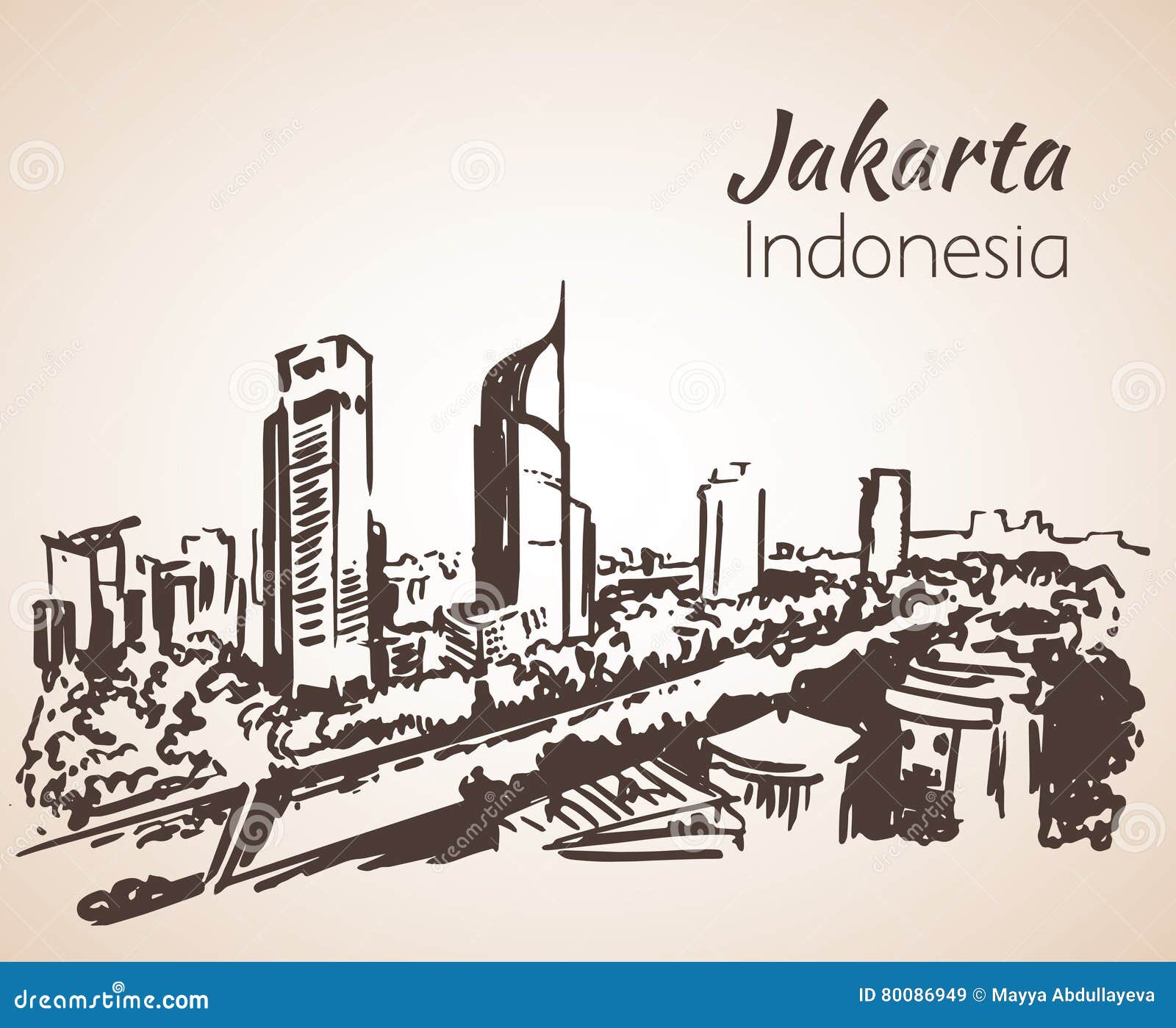 Jakarta cityscape sketch. stock vector. Illustration of capital - 80086949