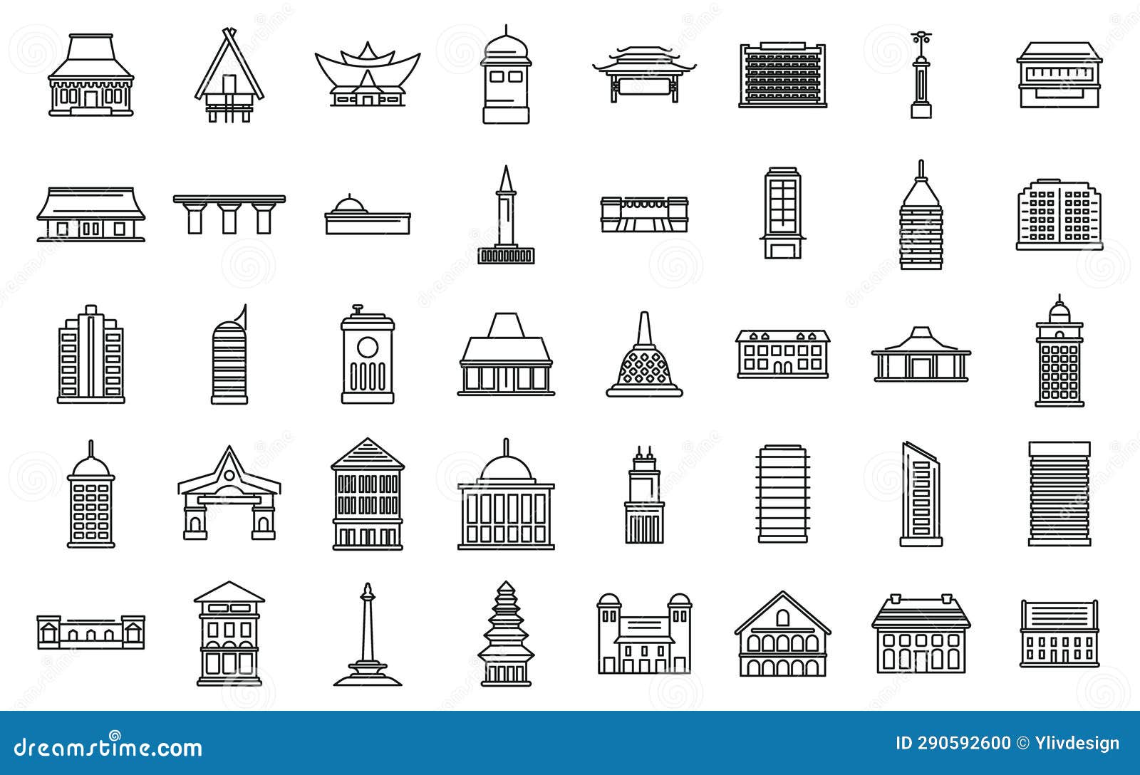 Jakarta Icons Set Outline Vector. Architecture Building Vector Neon ...