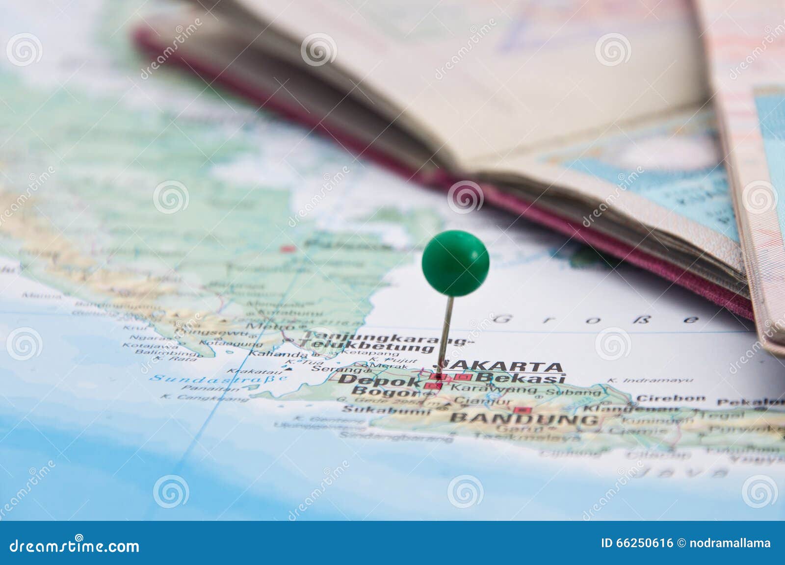 Jakarta, Java, Indonesia, GreenPin and Passport, Close-Up of Map Stock ...