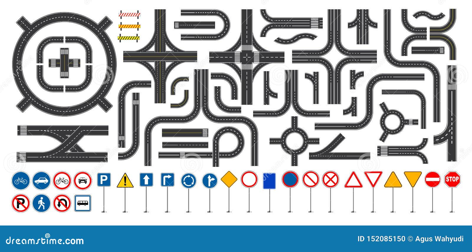 Set of Road Sign and Road Parts with Dashed Line, Roadside Marking ...