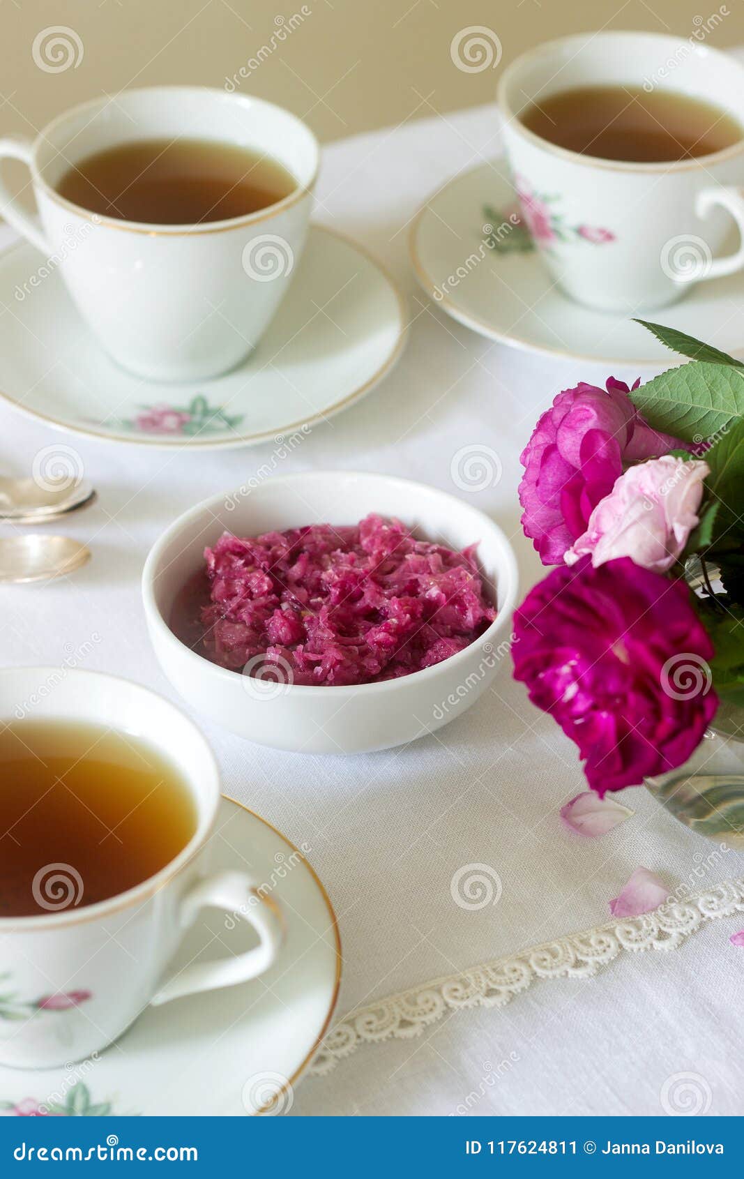 Jam from the Petals of the Damascus Rose, a Cup of Green Tea and a Vase ...