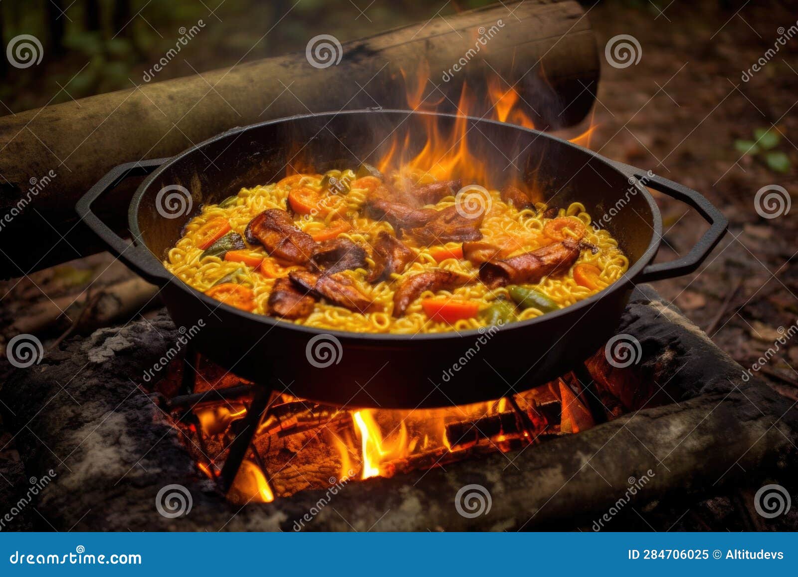 Jambalaya Cooking in Cast Iron Pot Over Campfire Stock Image - Image of ...