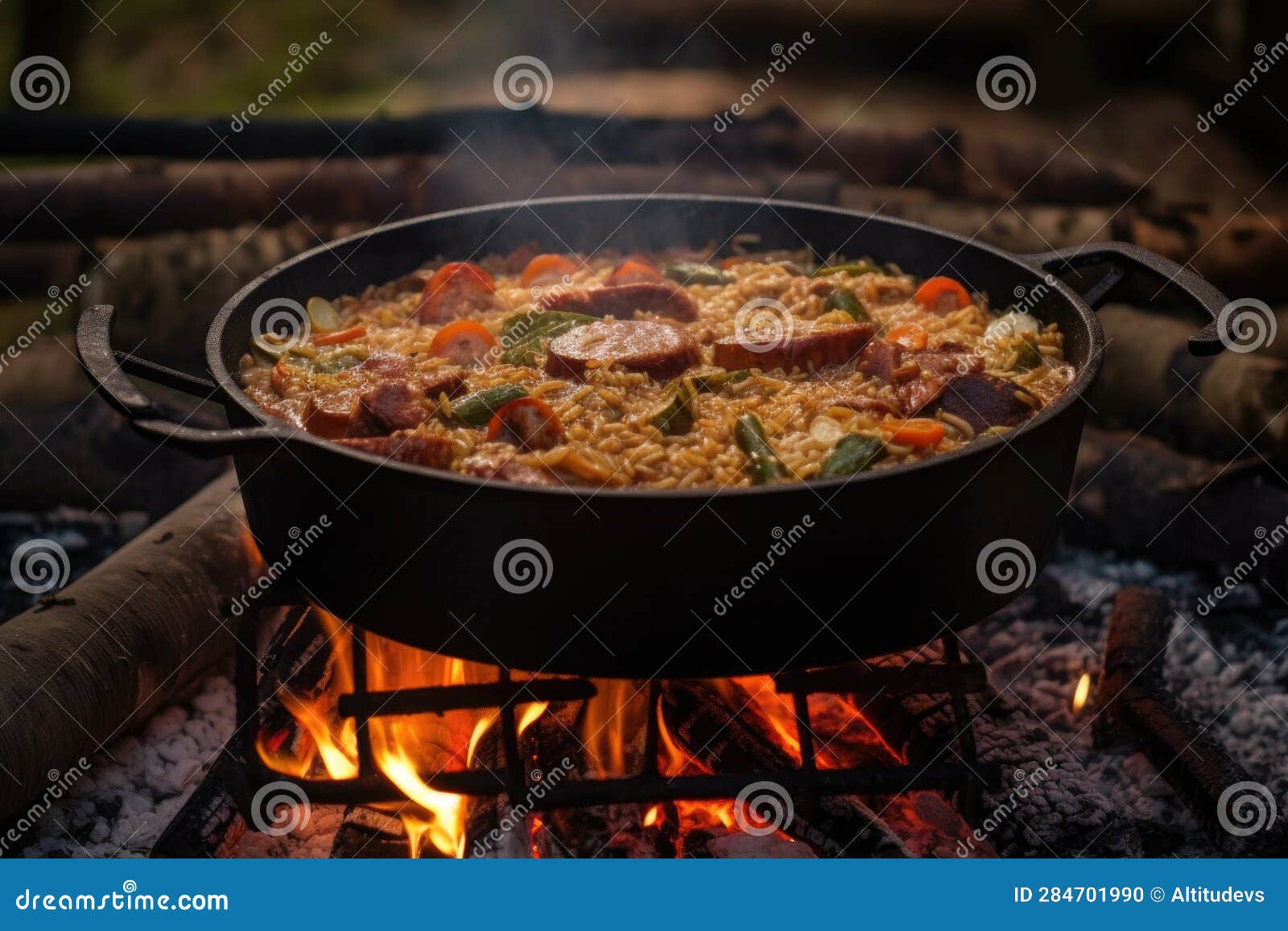 Jambalaya Cooking Over Open Fire in Cast Iron Pot Stock Illustration ...