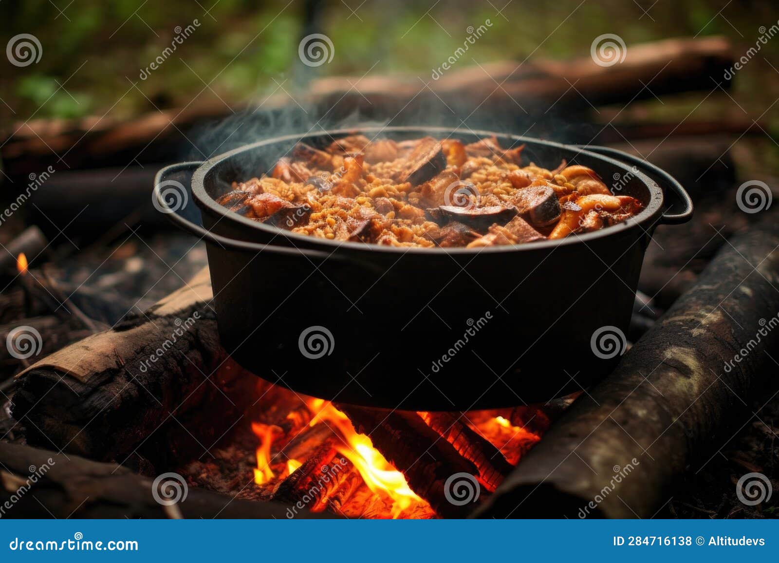 Jambalaya Cooking Over Open Fire in Cast Iron Pot Stock Illustration ...