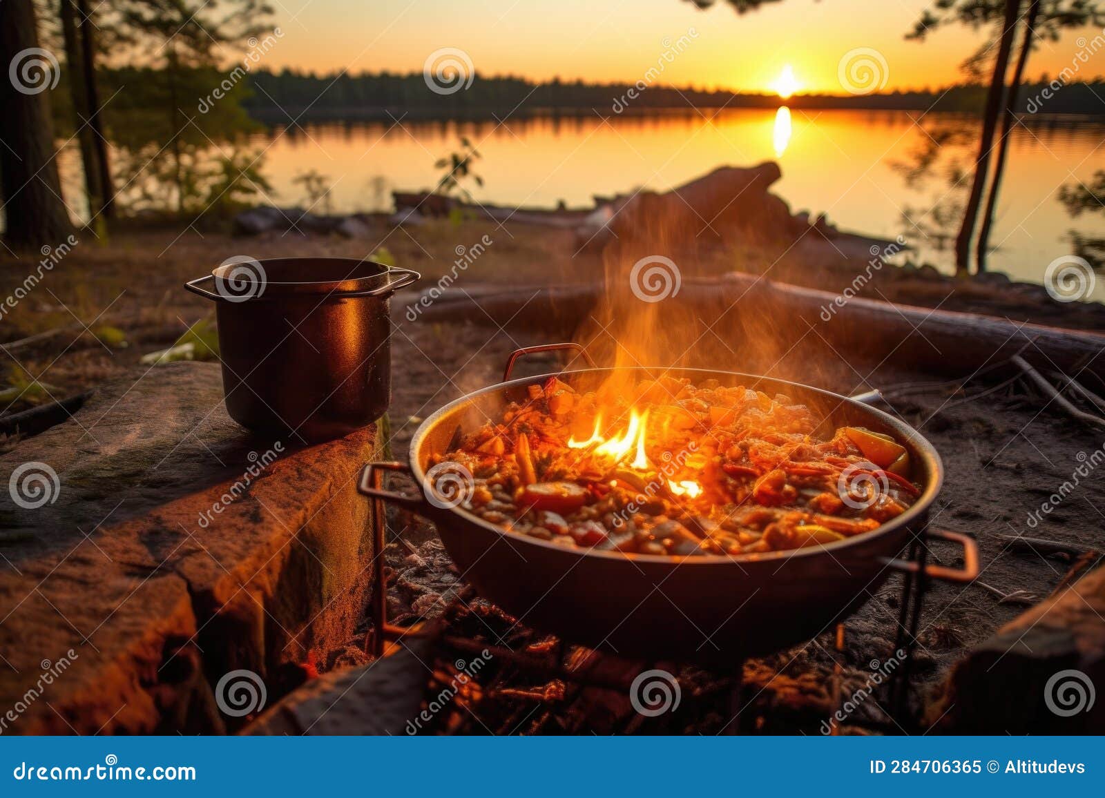 Jambalaya Cooking in Pot on Campfire, Sun Setting Stock Image - Image ...