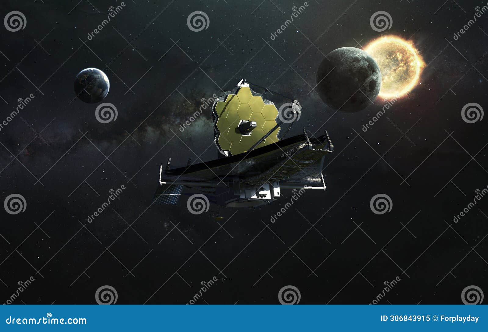 James Webb Telescope Explores Deep Space. JWST Launch Art Stock ...
