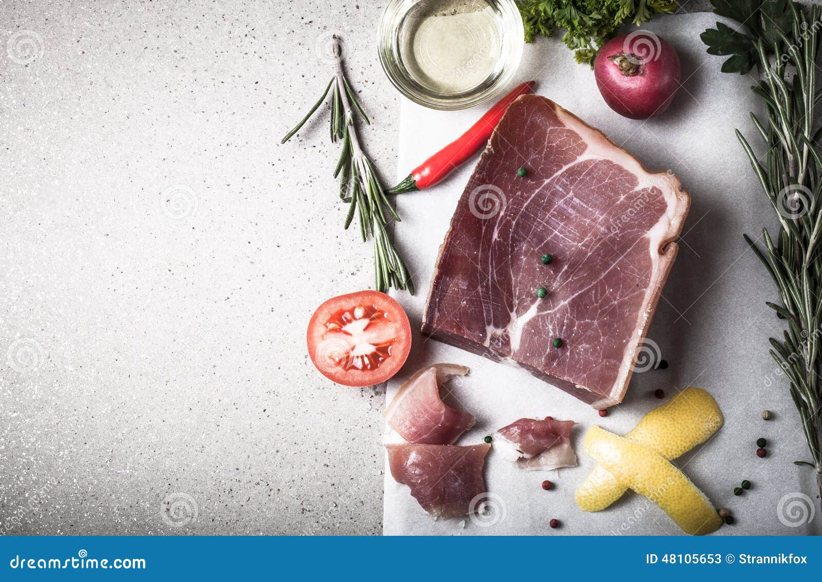 Jamon Piece Lying on the Table with Spices. Tinted Stock Image - Image ...