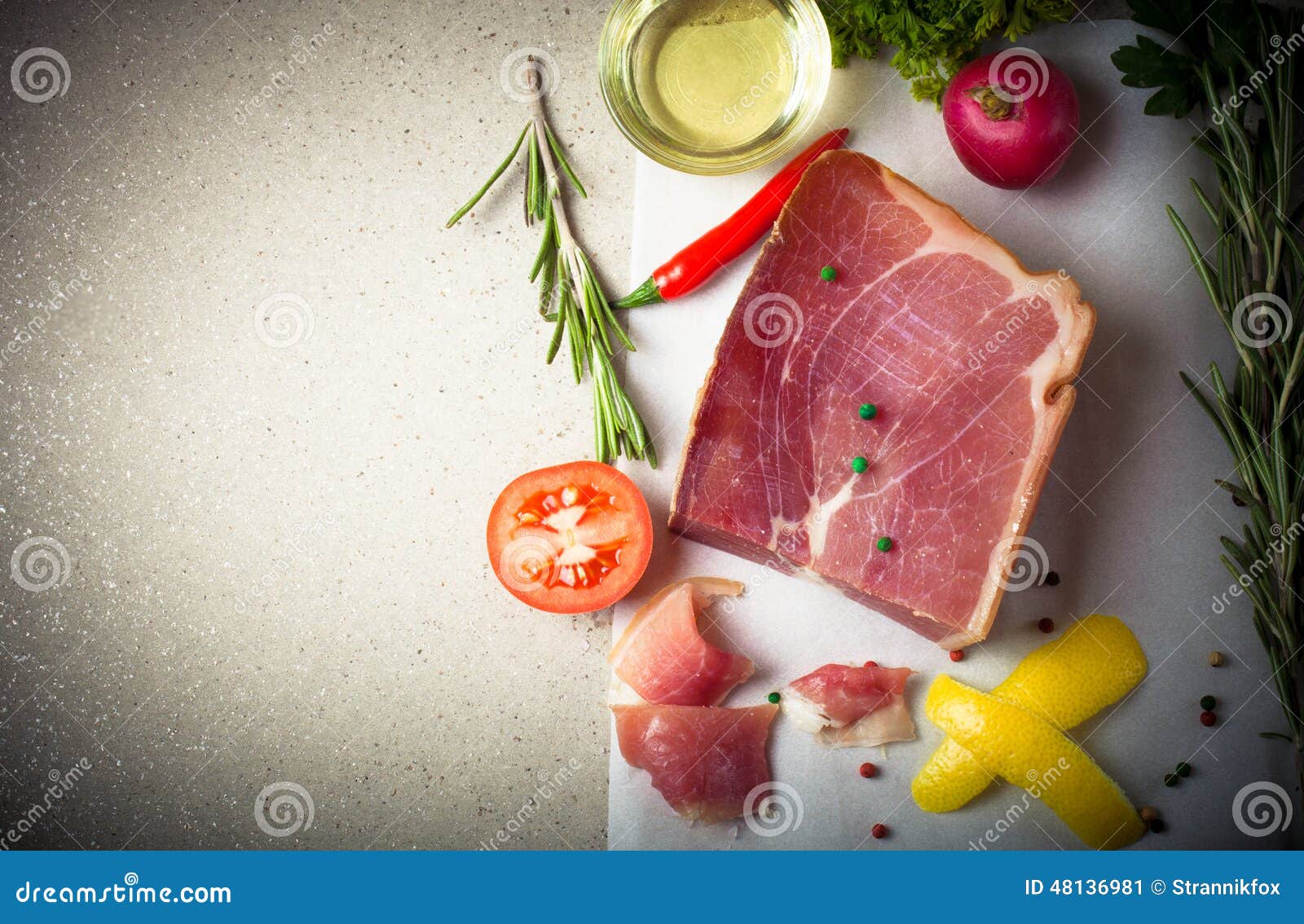 Jamon Piece Lying On The Table With Spices. Tinted Royalty-Free Stock ...