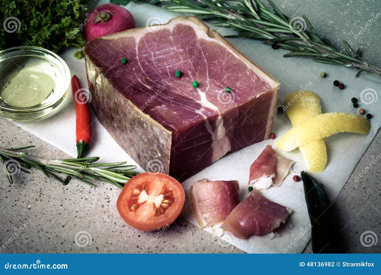 Jamon Piece Lying On The Table With Spices. Tinted Royalty-Free Stock ...