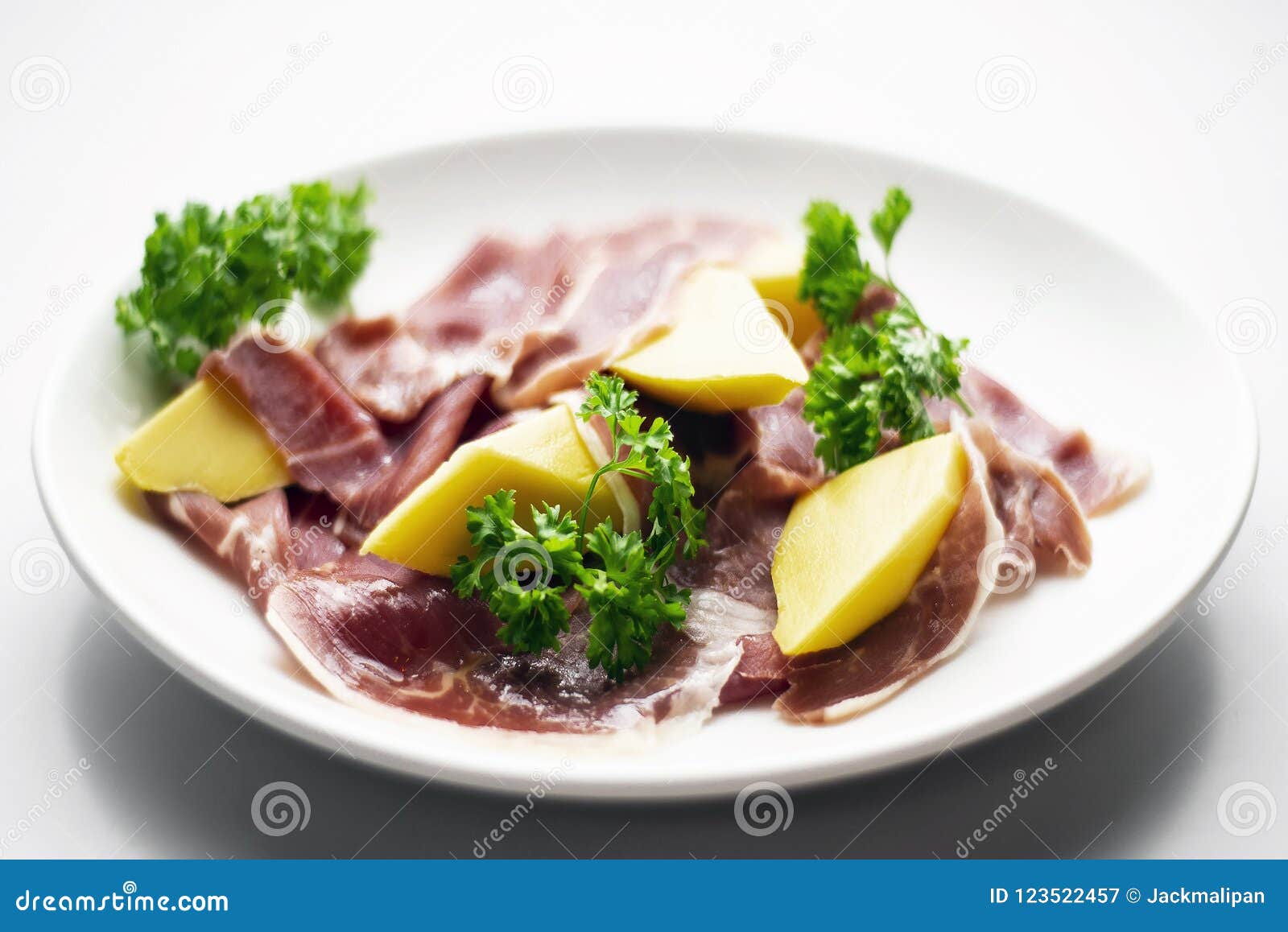 Jamon Serrano Parma Prosciutto Style Smoked Ham with Mango Fruit Stock ...