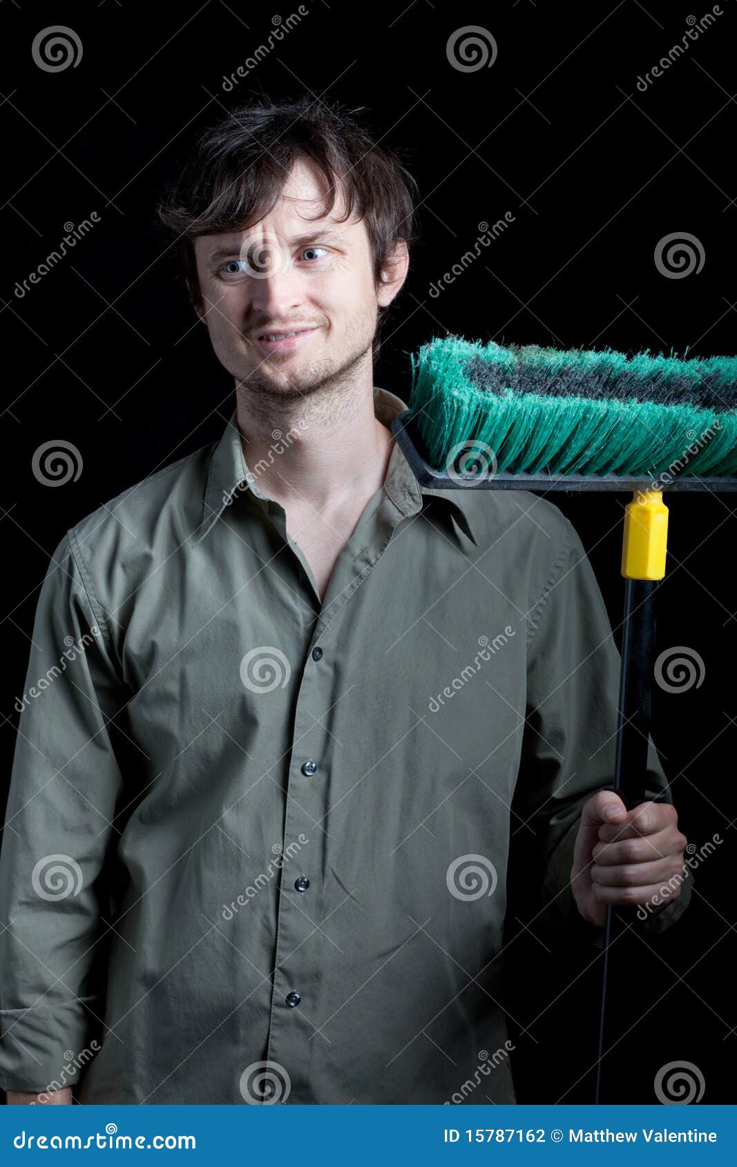 Janitor with a Broom Frowning at a Mess Stock Photo - Image of chore ...