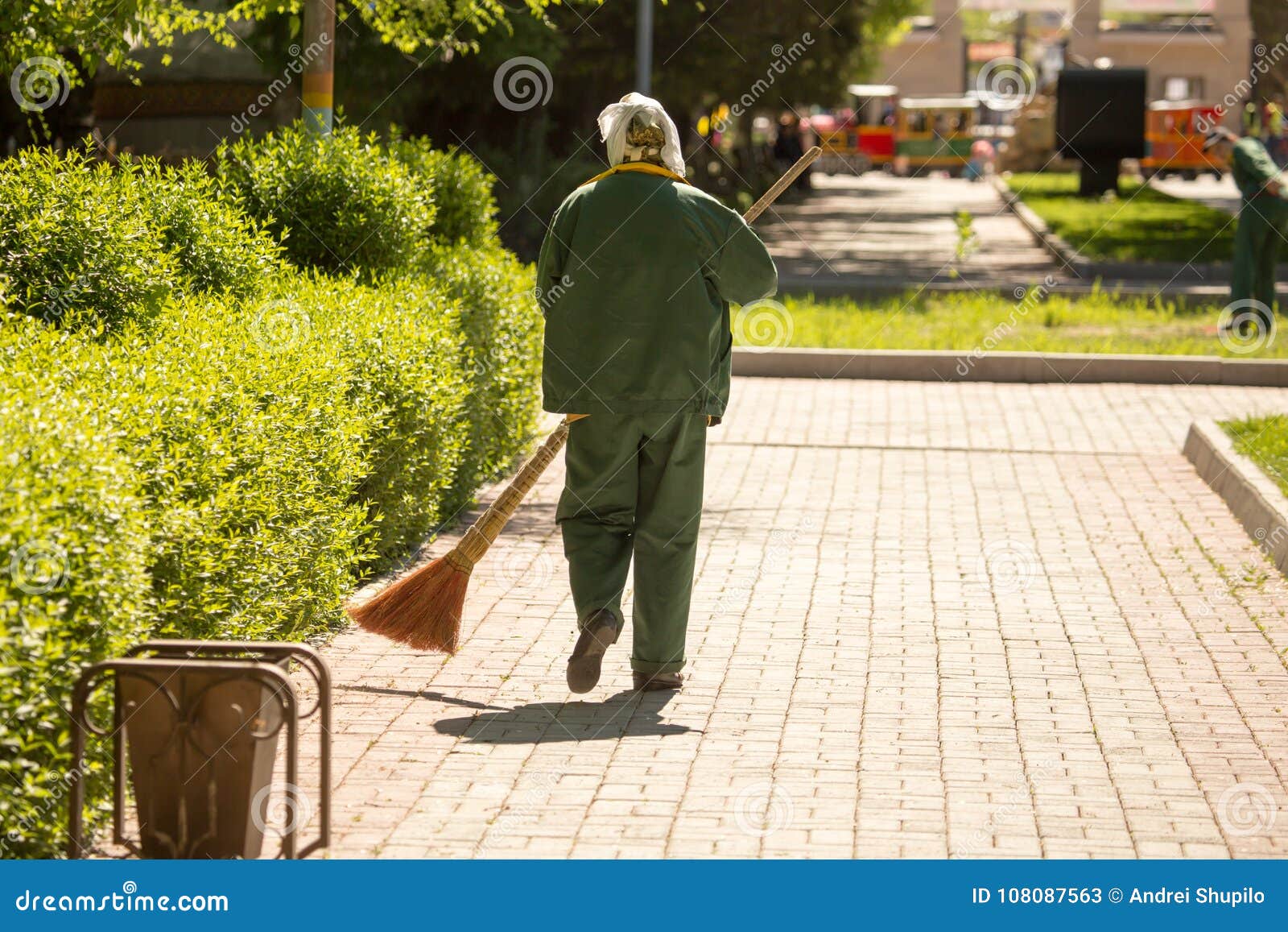 Janitor with a Broom in the Park Stock Image - Image of woman, service ...