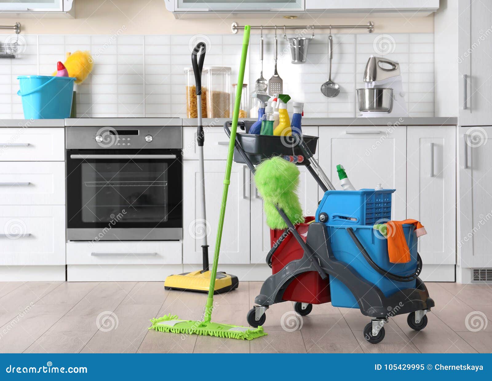 Janitor Cart with Cleaning Equipment Stock Image - Image of indoors ...