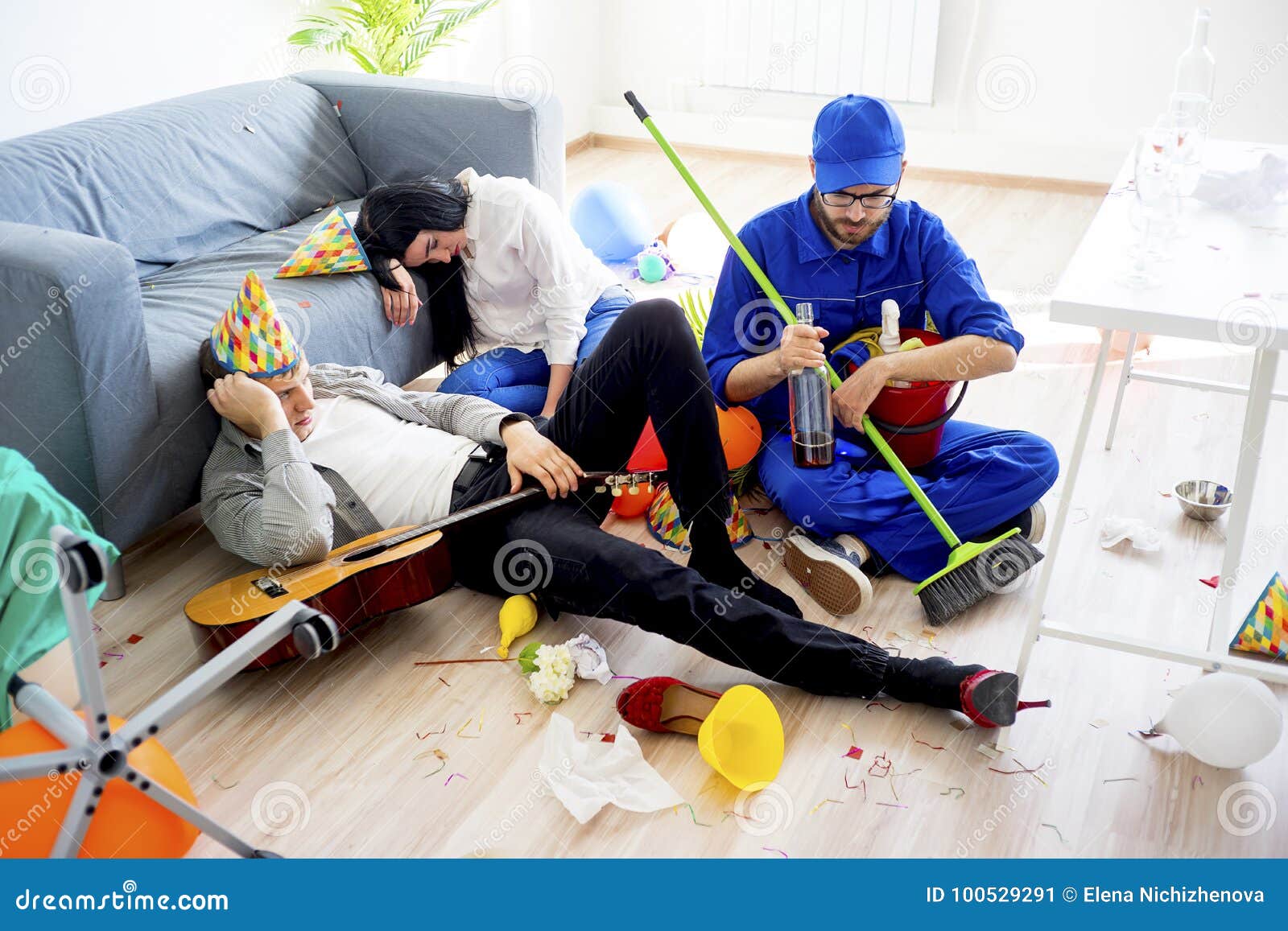 Janitor cleaning a mess stock image. Image of couch - 100529291