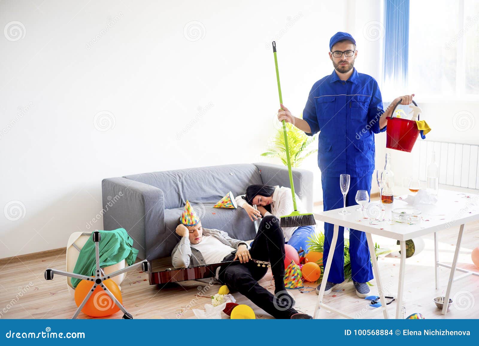 Janitor cleaning a mess stock photo. Image of messy - 100568884