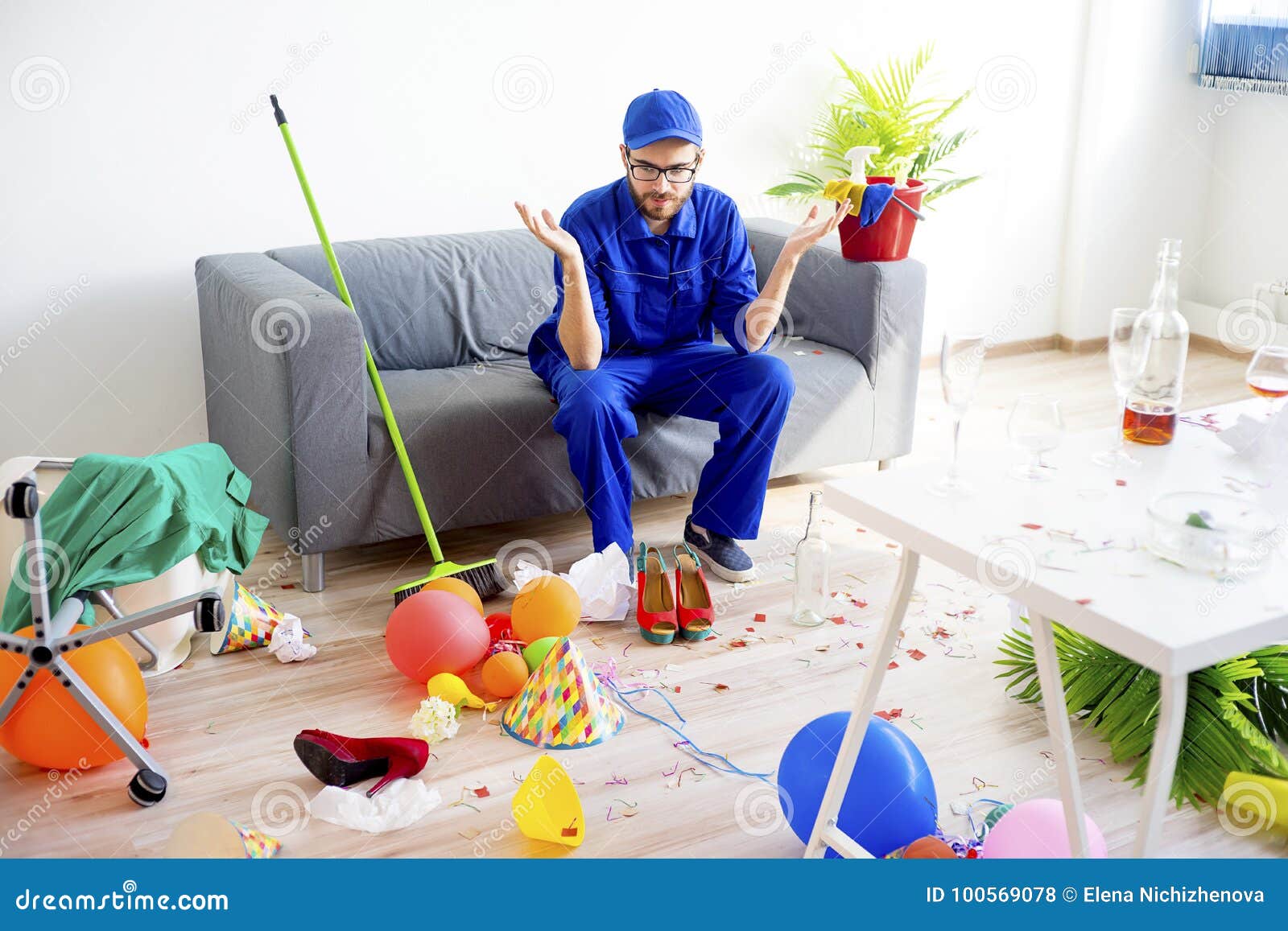 Janitor cleaning a mess stock photo. Image of alcohol - 100569078