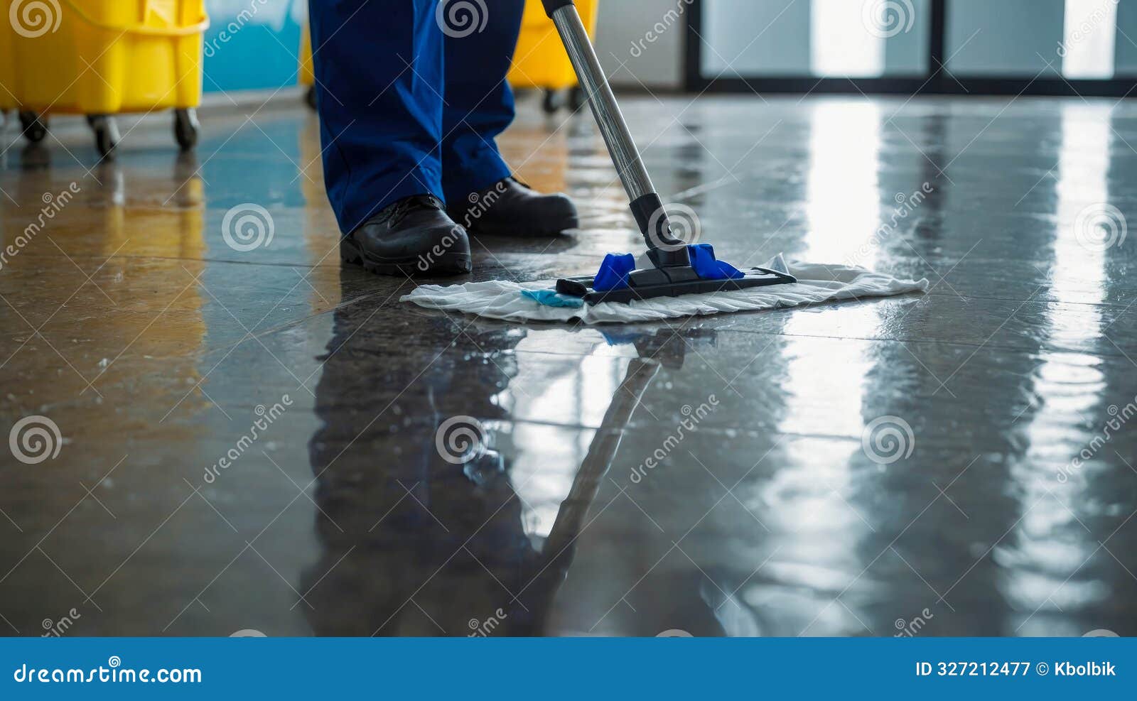 Janitor Mopping a Polished Floor in a Modern Office Setting Stock ...