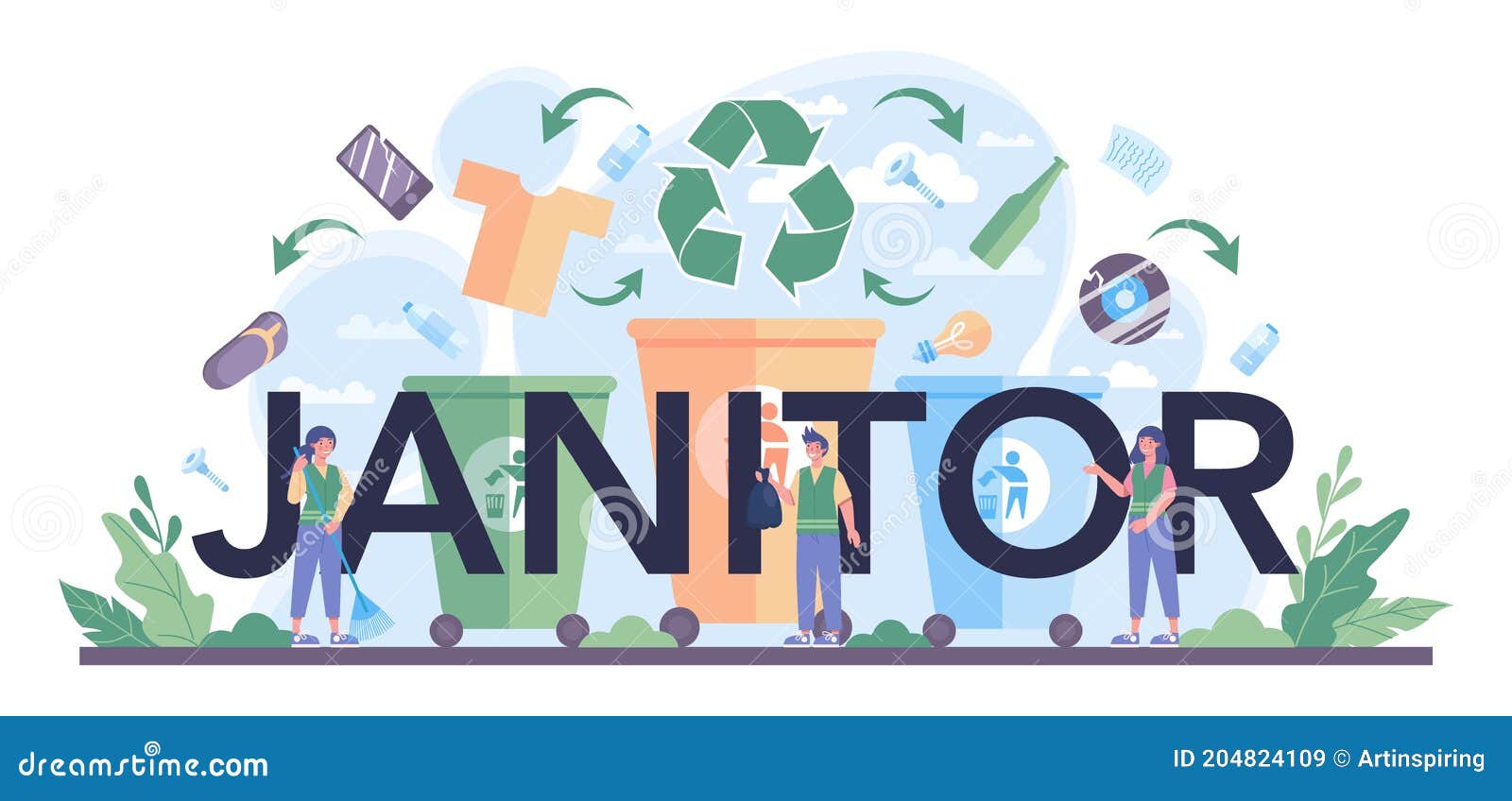 Janitor Typographic Header. Cleaning Staff with Special Equipment Stock ...