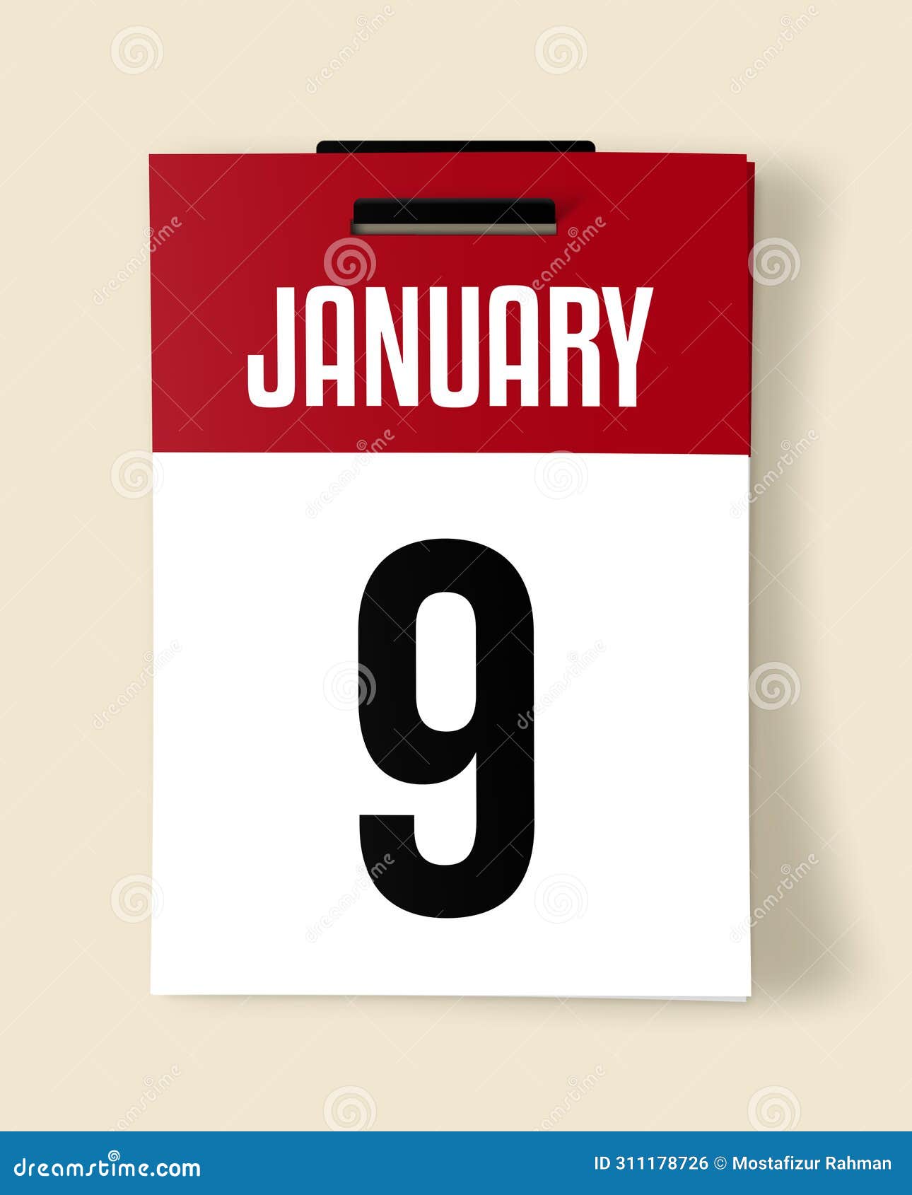 9 January Calendar Date, a Realistic Calendar Sheet Hanging on a Wall ...