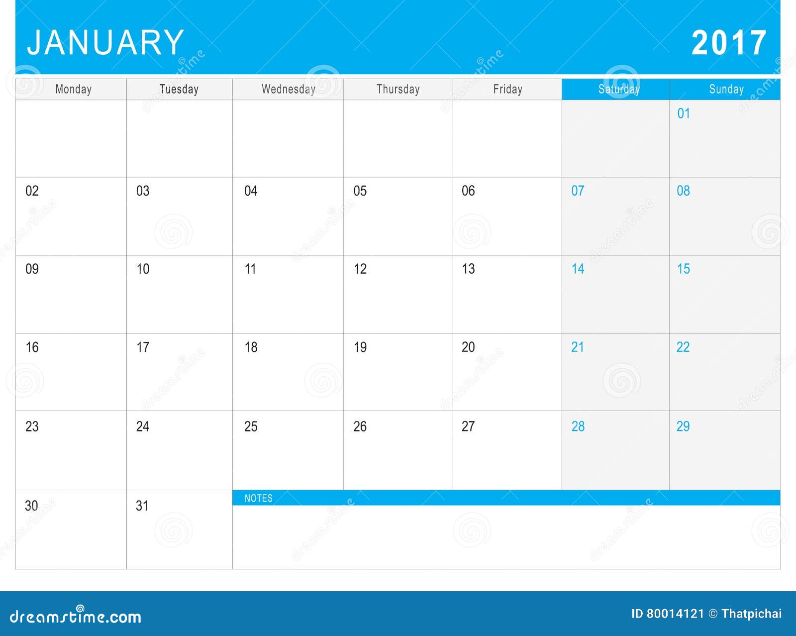 2017 January Calendar (or Desk Planner) with Notes Stock Illustration ...