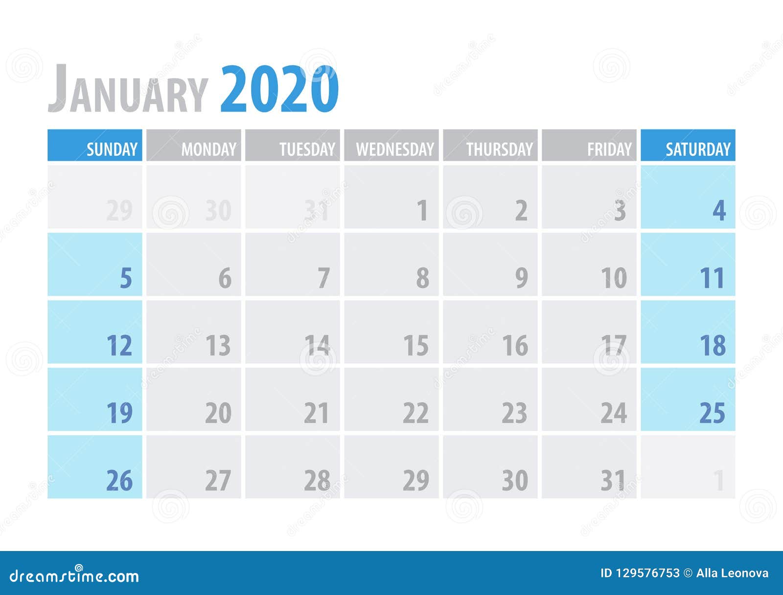 January. Calendar Planner 2020 in Clean Minimal Table Simple Style ...