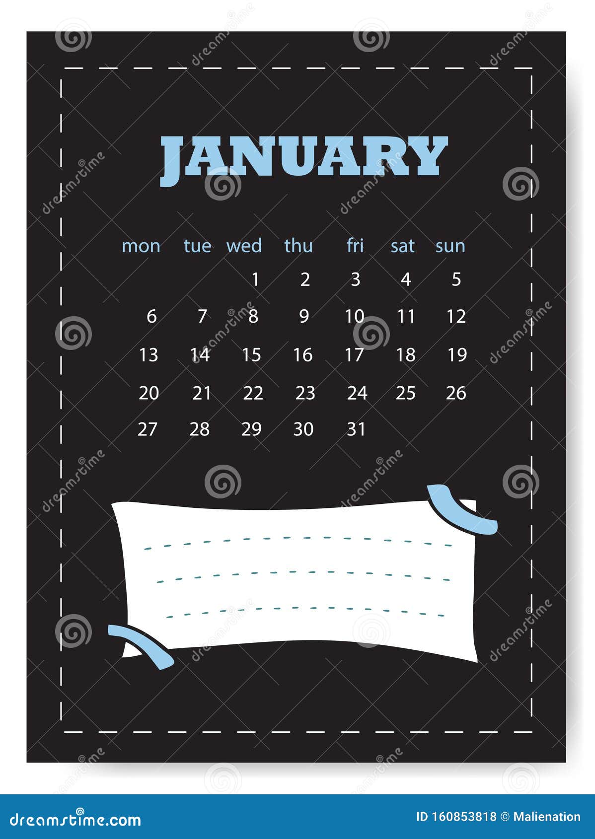 January Calendar Template. Simple Calendar for January Month with Note ...