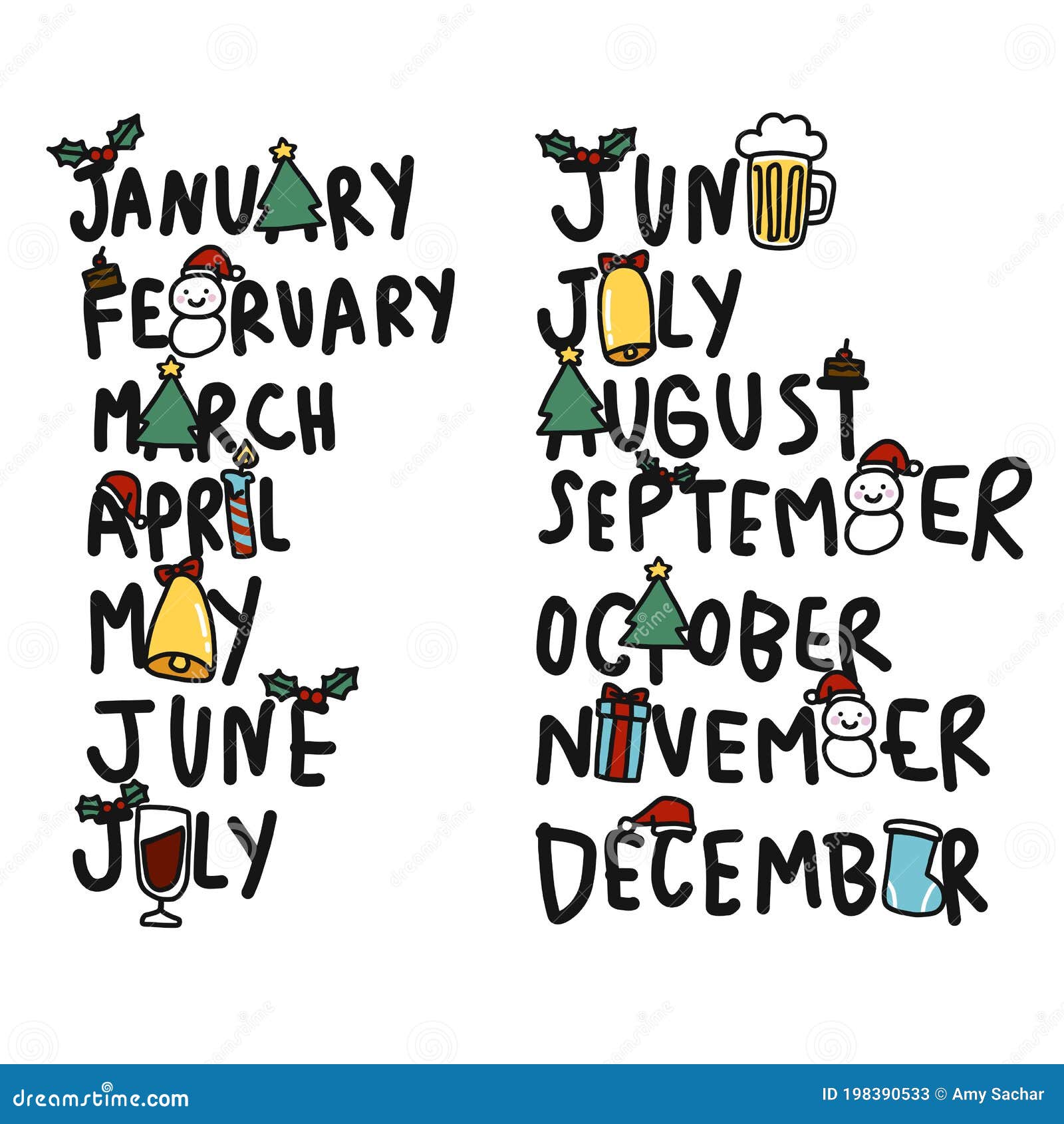 January Until December Word Cartoon Doodle Set Illustration ...