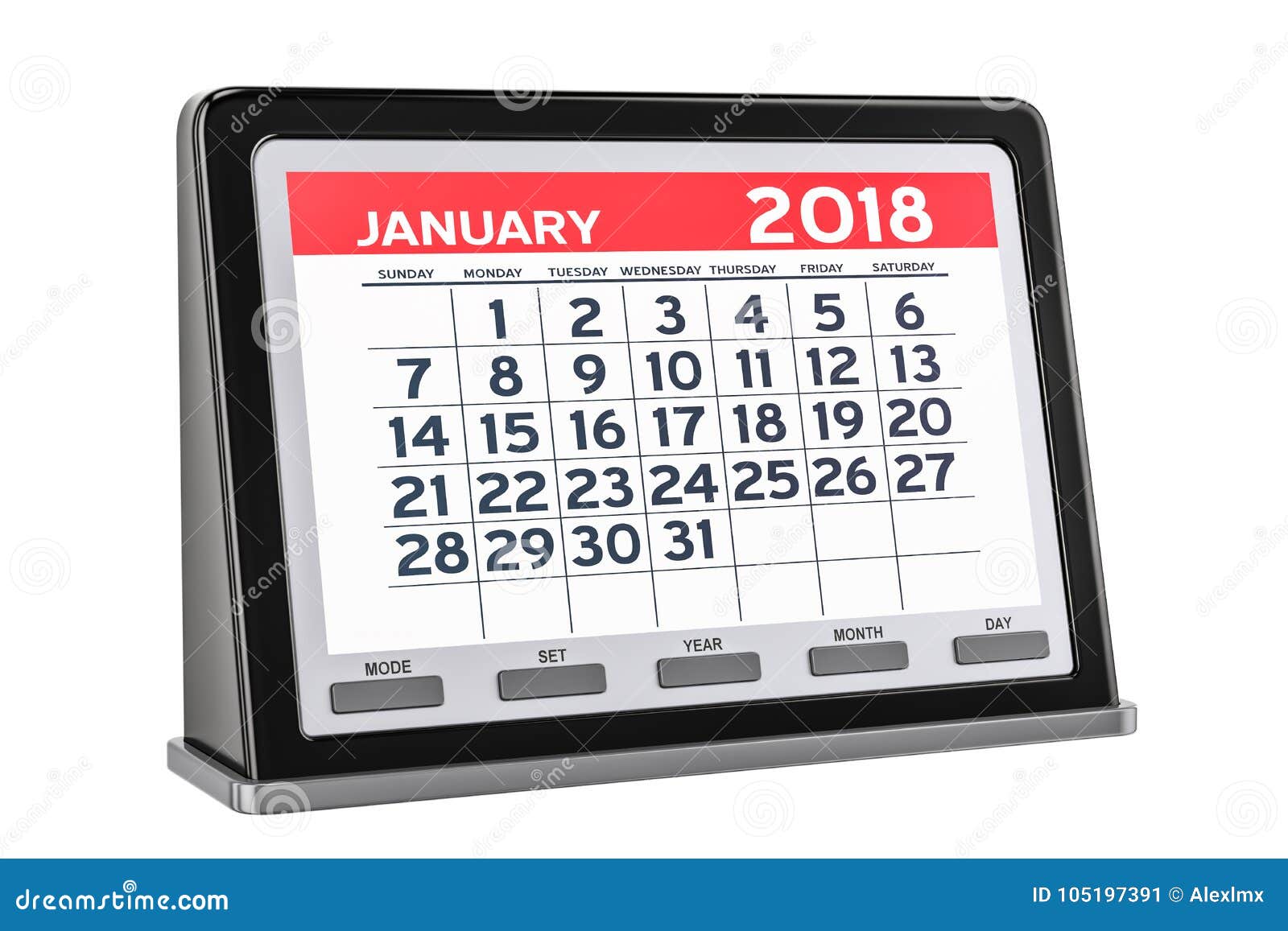 January 2018 Digital Calendar, 3D Rendering Stock Illustration ...