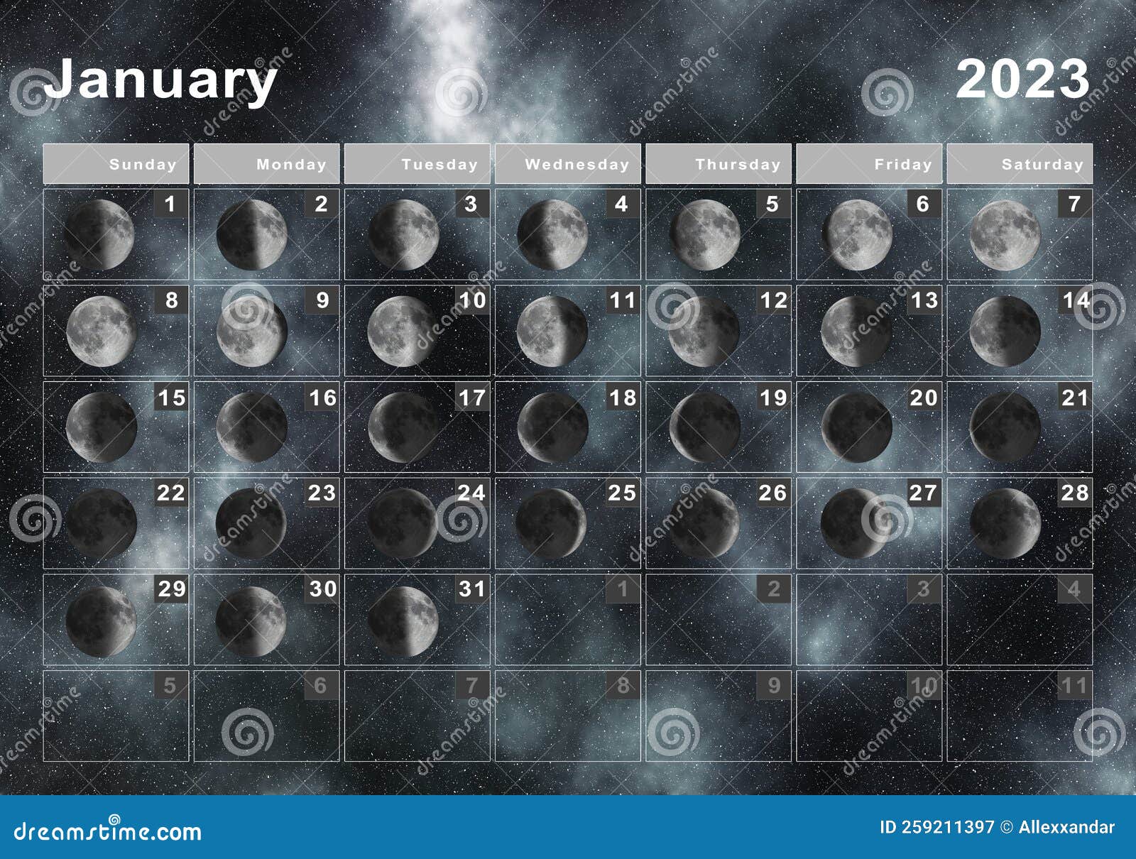 January 2023 Lunar Calendar, Moon Cycles Stock Illustration ... January 2023 Lunar Calendar, Moon Cycles Stock Illustration ...