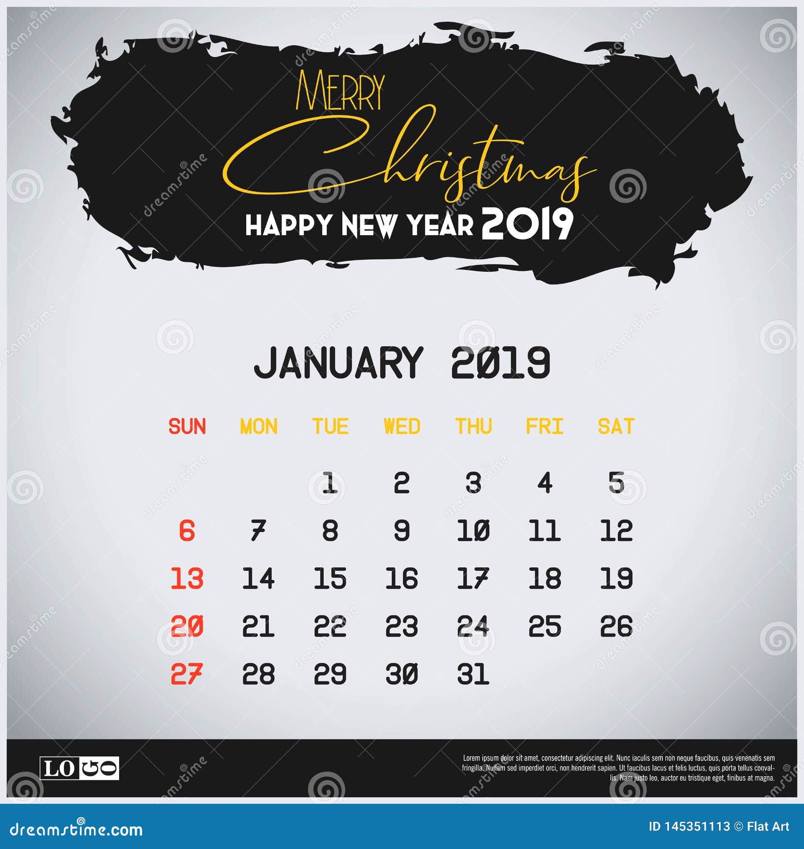January 2019 New Year Calendar Template. Brush Stroke Header Background ...