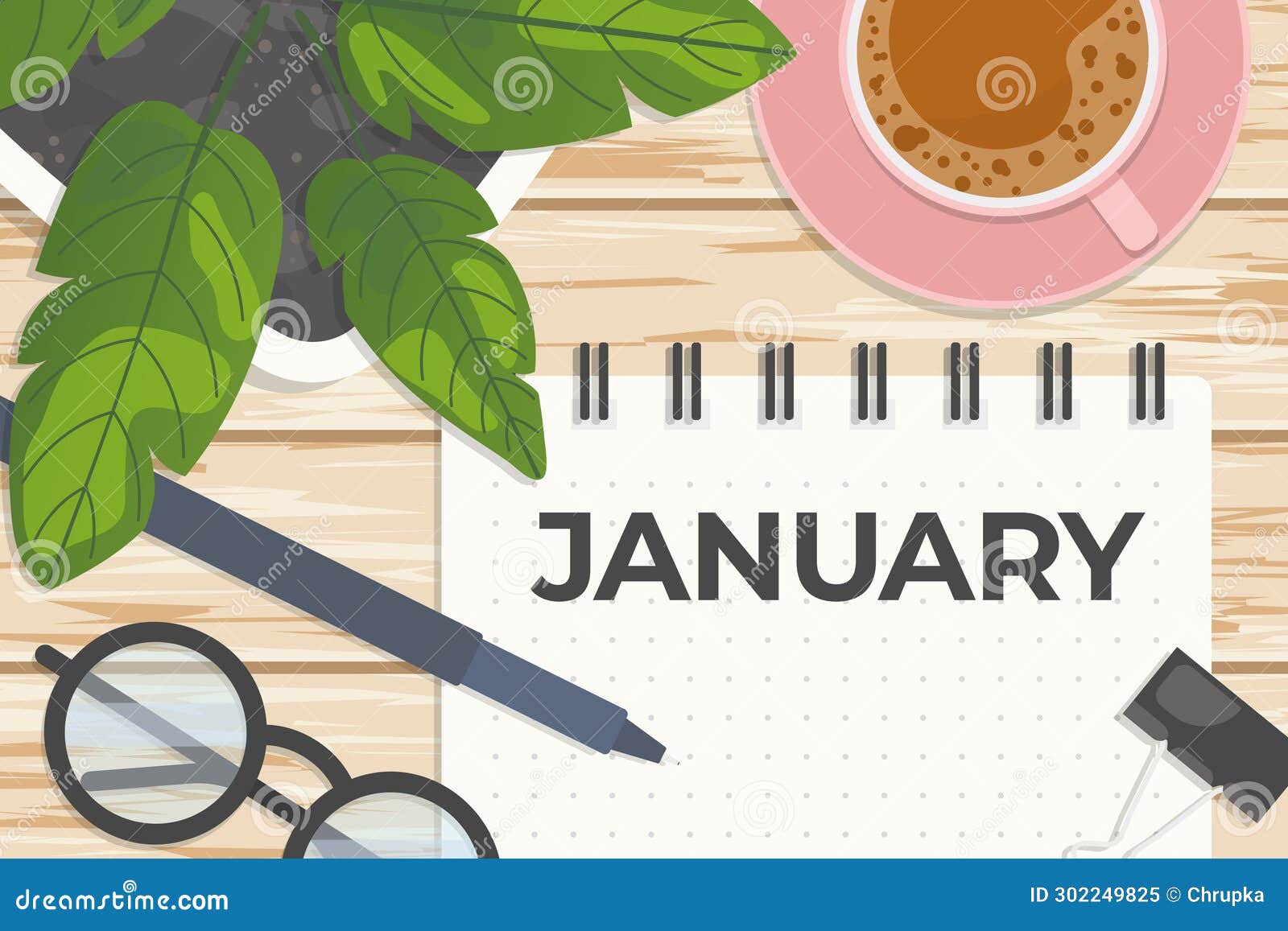 January Written on Spiral Notebook, Flat Lay Composition on Wooden Desk ...