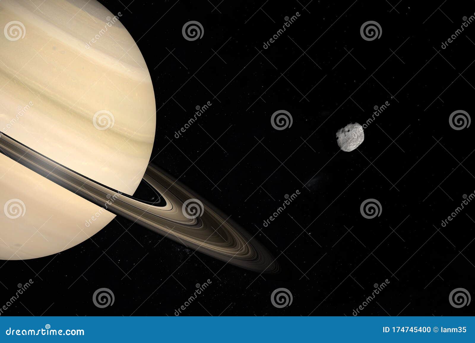 Janus Moon Orbiting Around Saturn Planet in the Outer Space. 3d Render ...