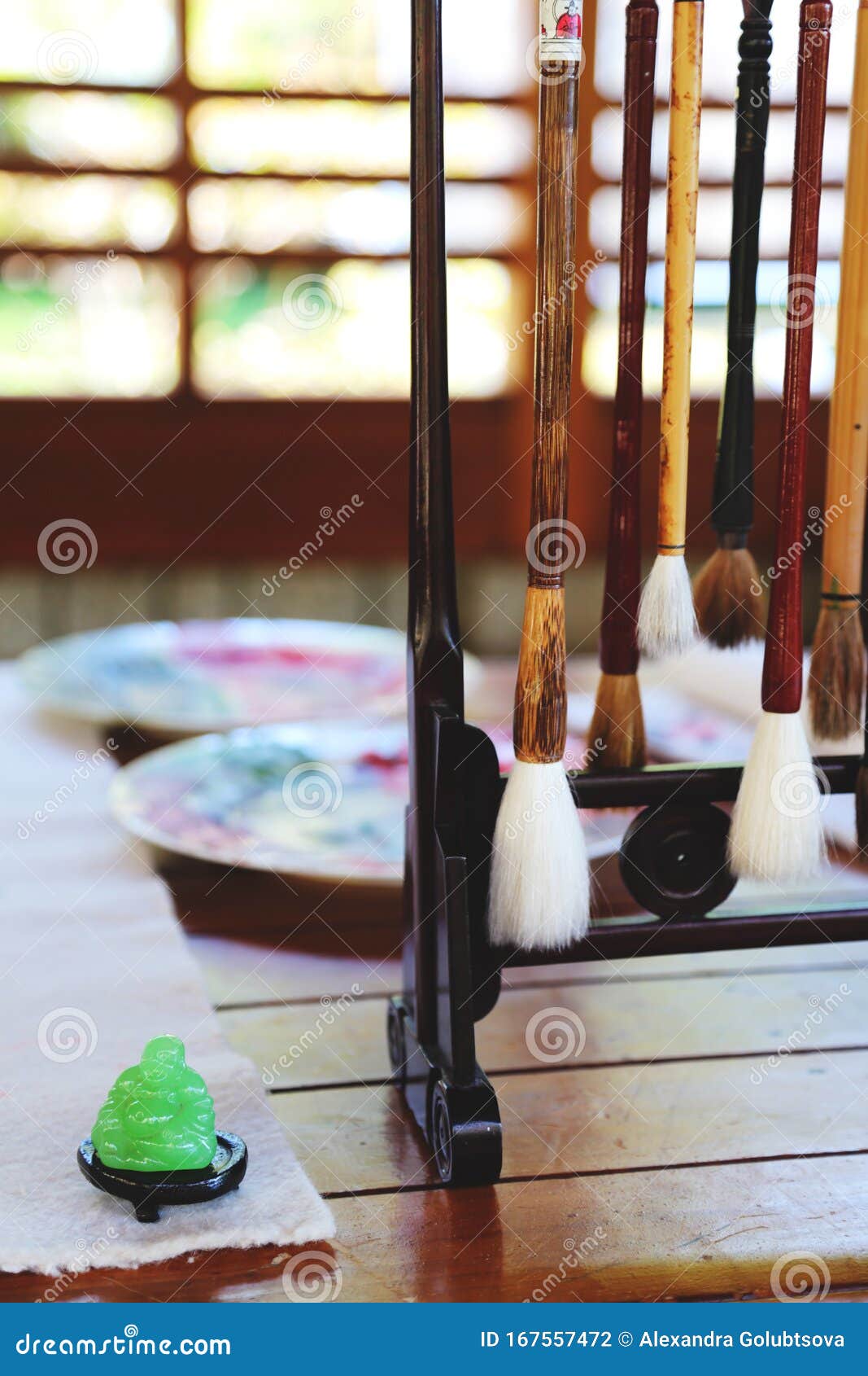 Japan calligraphy tools. stock photo. Image of desktop - 167557472