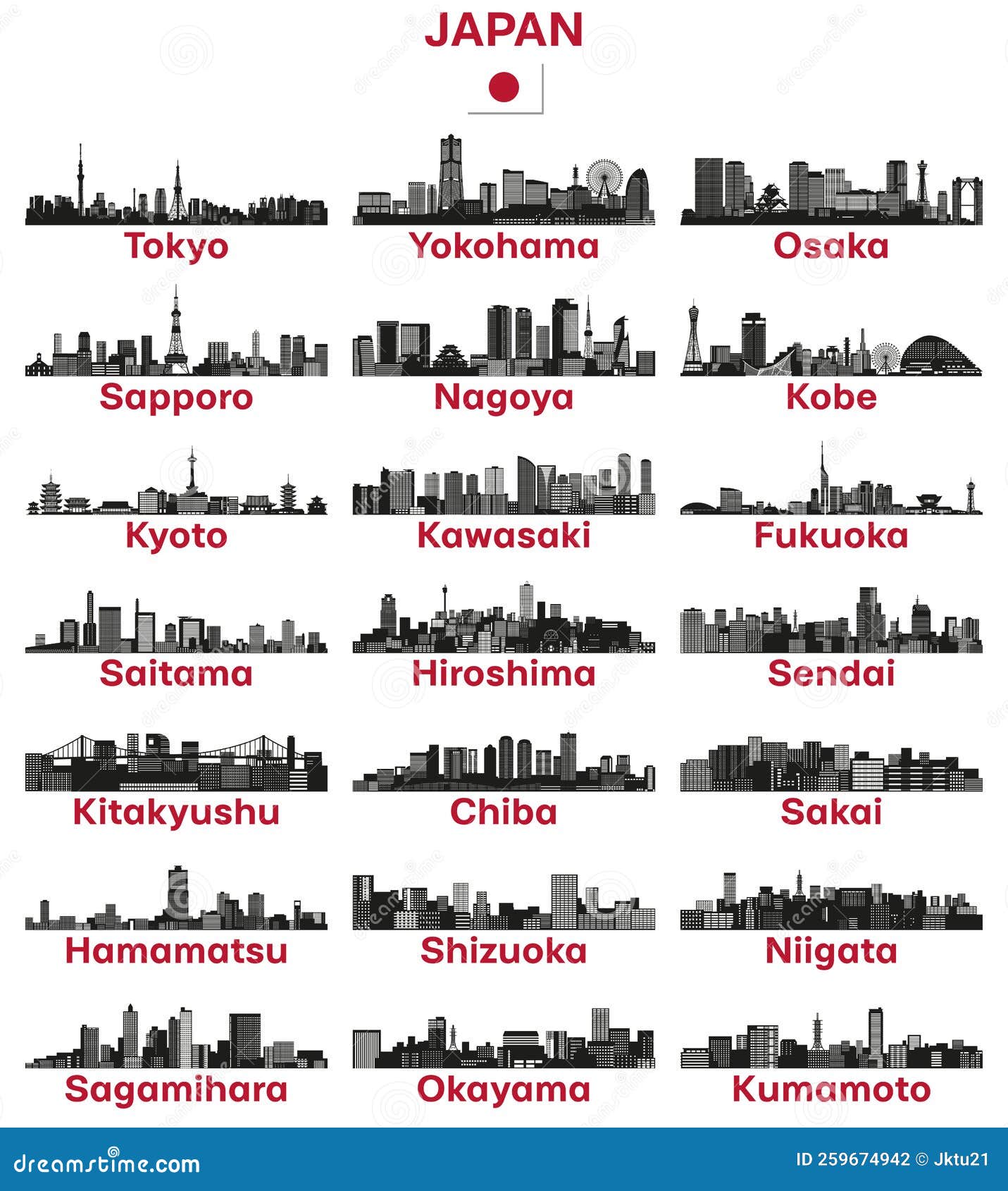 Japan Cities Skylines Silhouettes Vector Set Stock Illustration ...