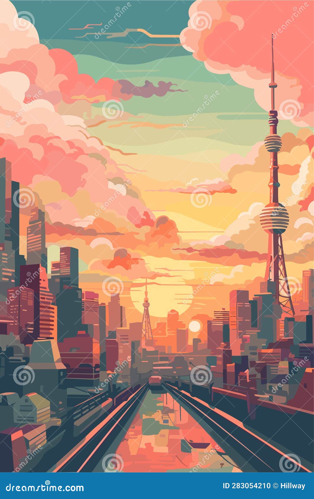 Japan City Landscape in the Evening. Vector Flat Illustration Stock ...