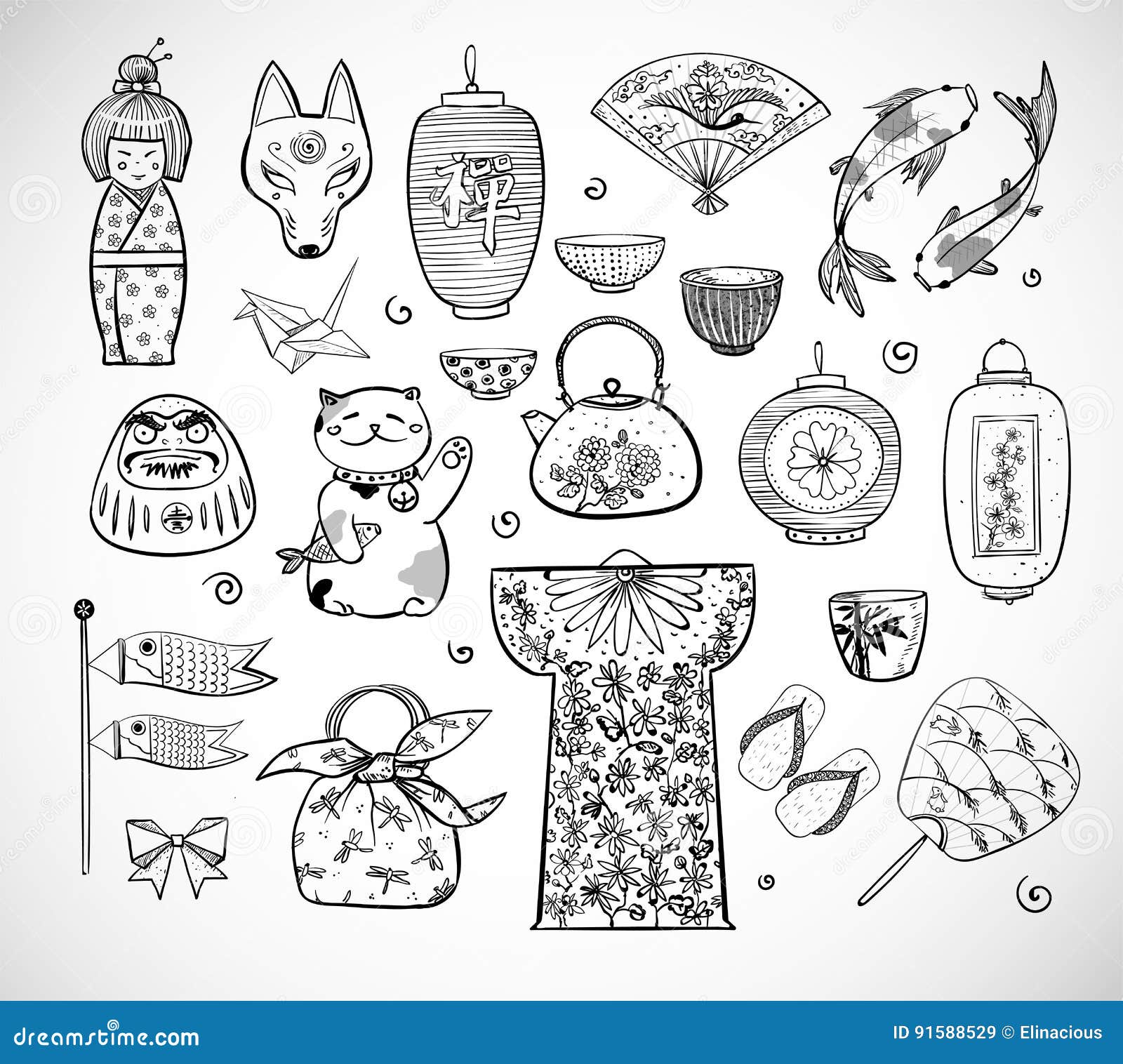 Japan Doodle Sketch Elements on White Background Stock Vector ...