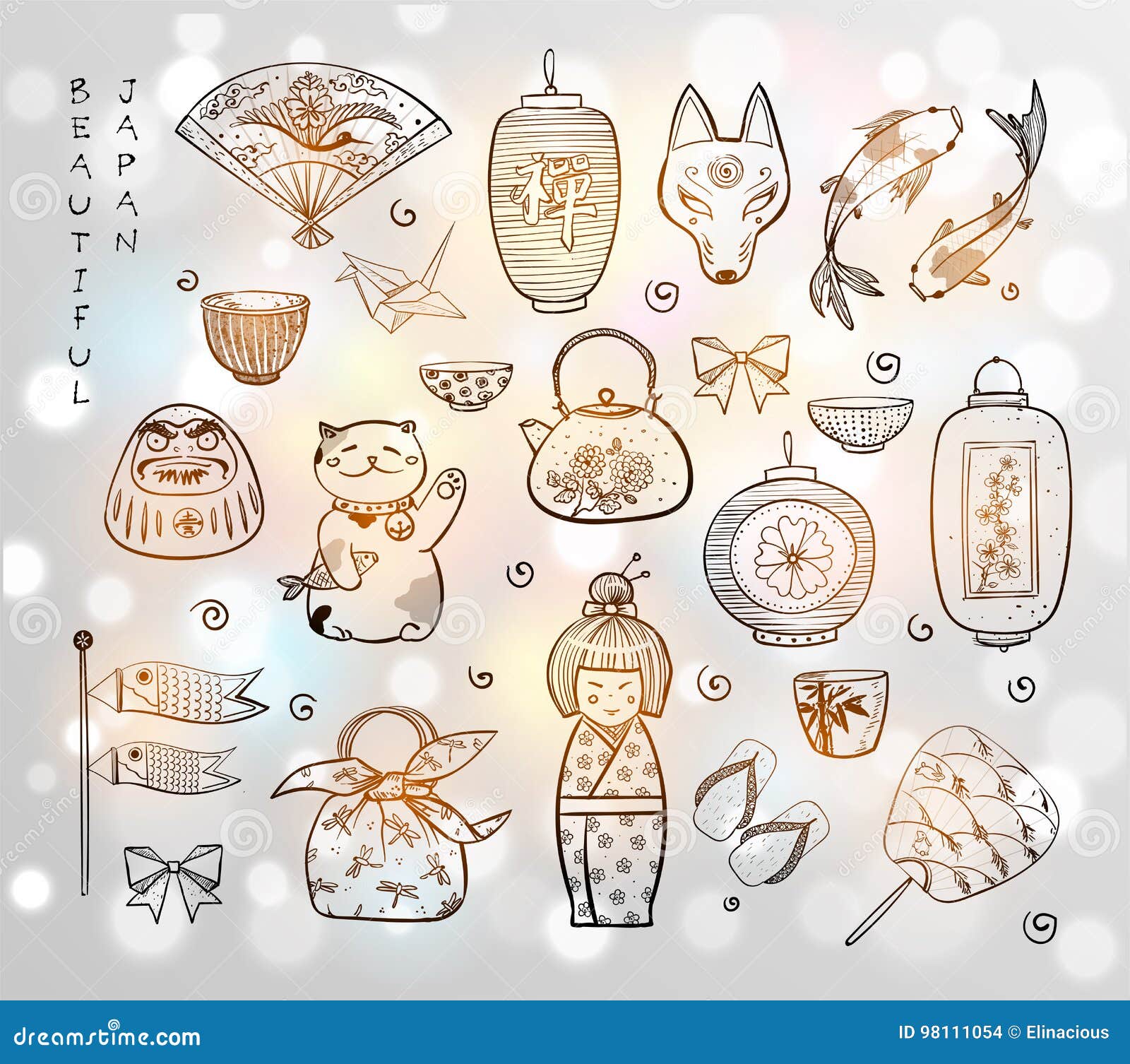 Japan Doodle Sketch Elements on White Glowing Background Stock Vector ...
