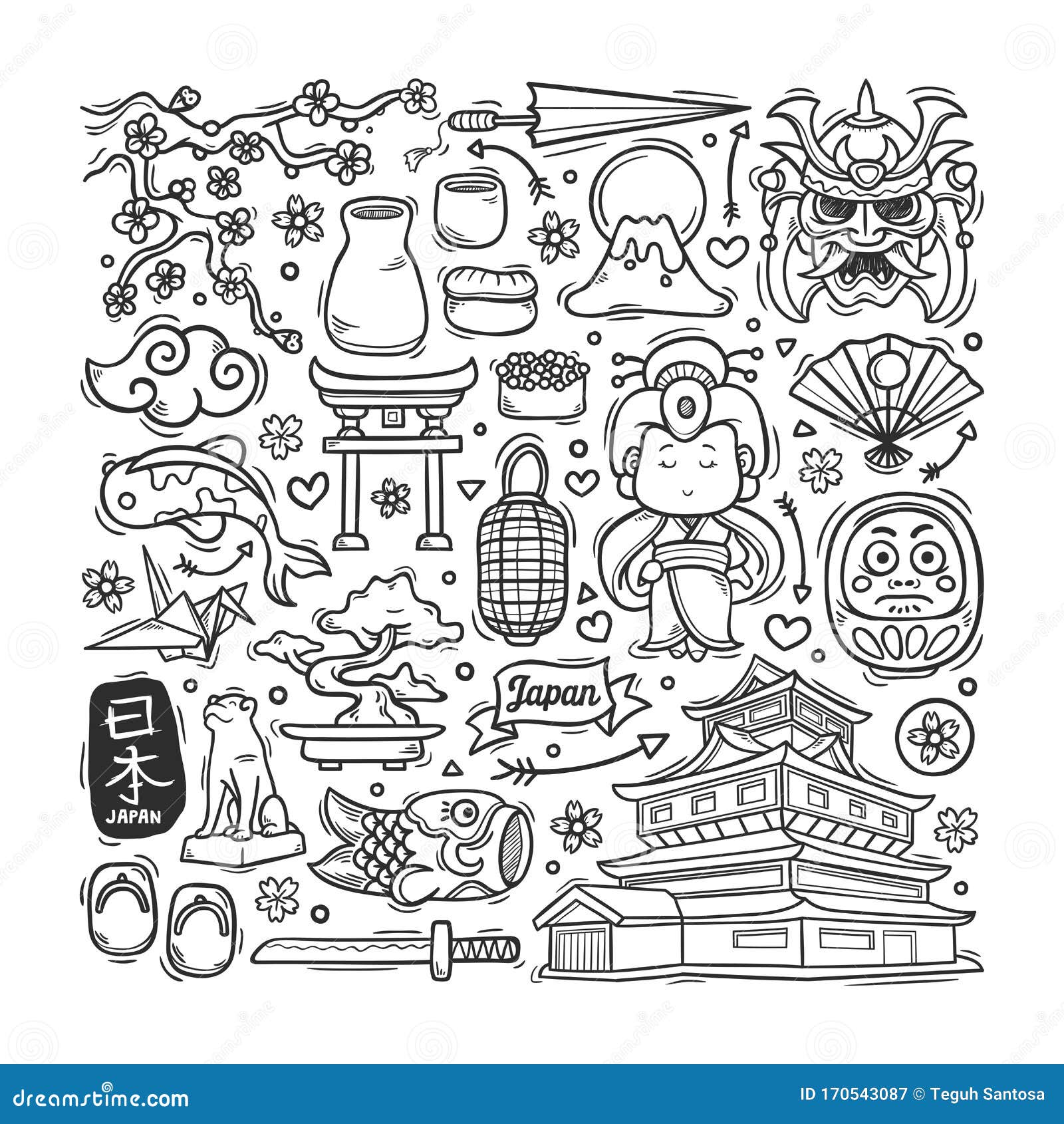 Japan Hand Drawn Doodle Vector Stock Vector - Illustration of flower ...