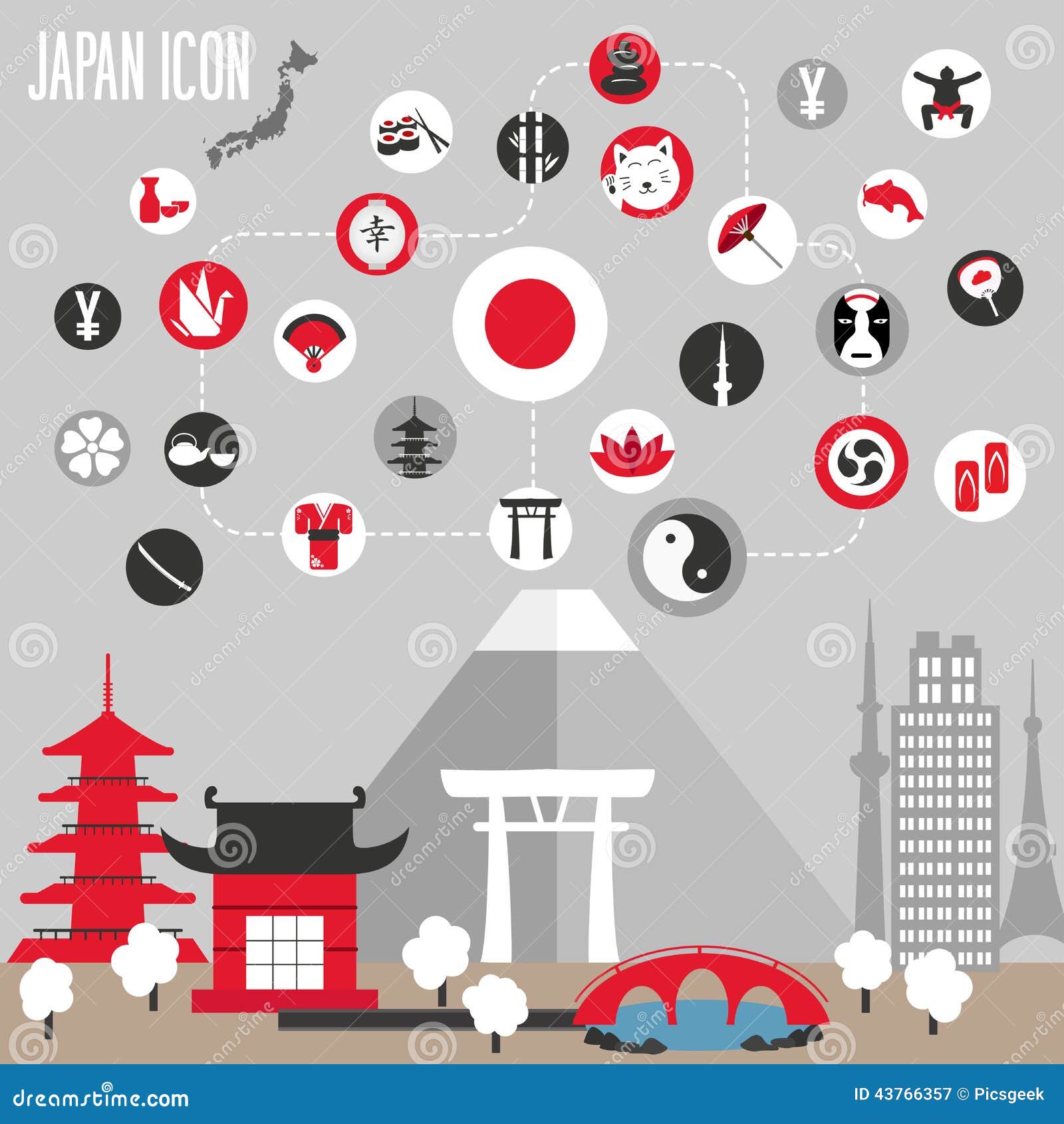 Japan icons set. stock vector. Illustration of lake, rock - 43766357