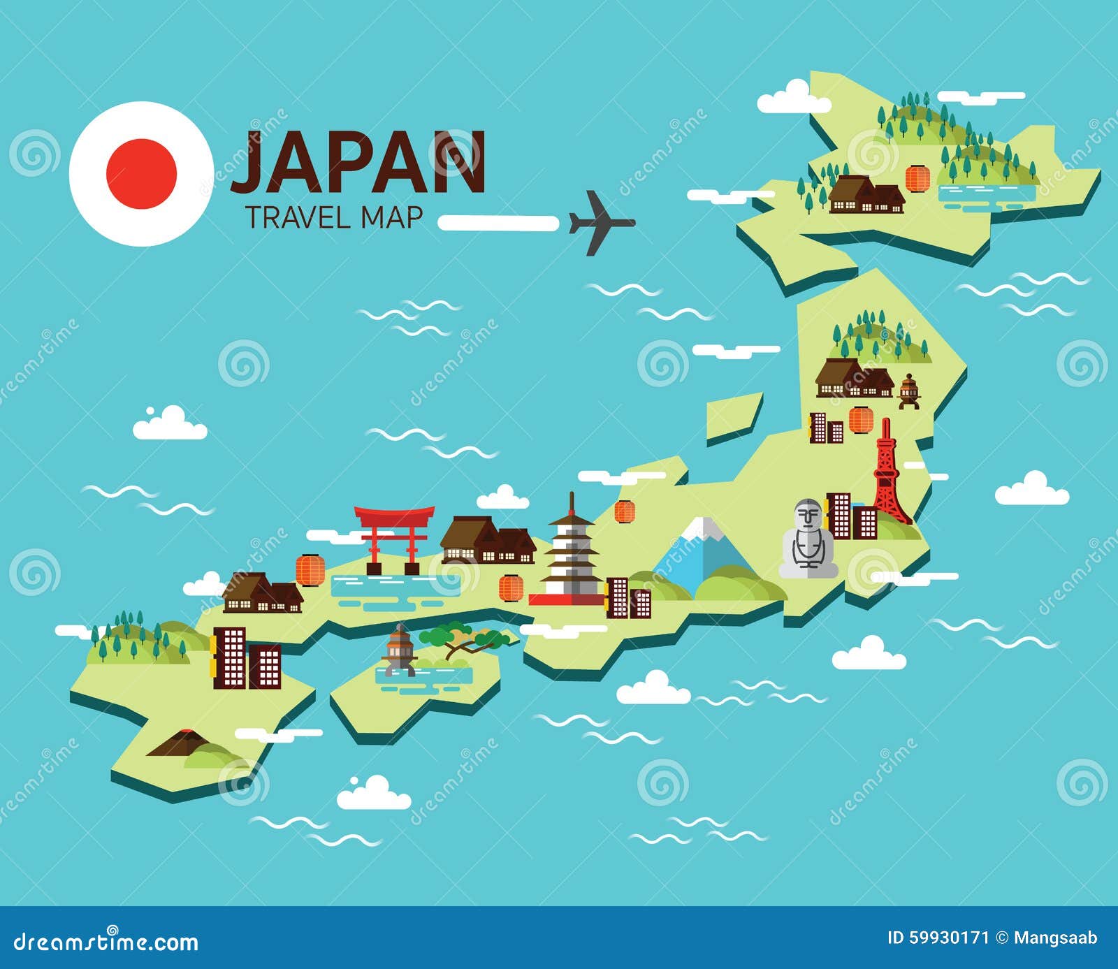 Japan Landmark And Travel Map. Flat Design Elements And Icons. V Stock ...