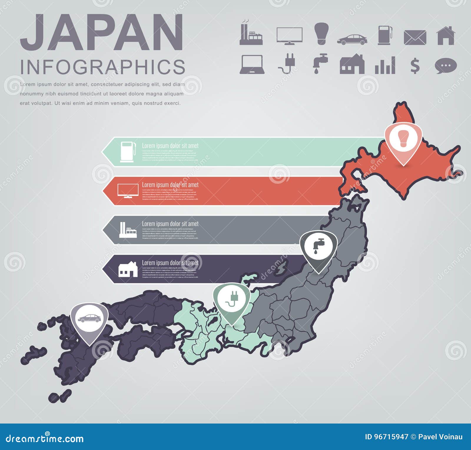 Japan Map with Infographic Elements. Infographics Layouts Stock Vector ...