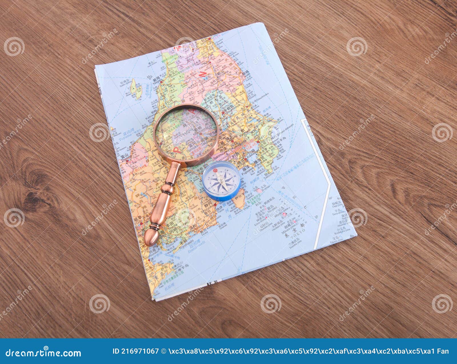 Japan Map with Magnifying Glass and Compass on the Table Stock Image ...