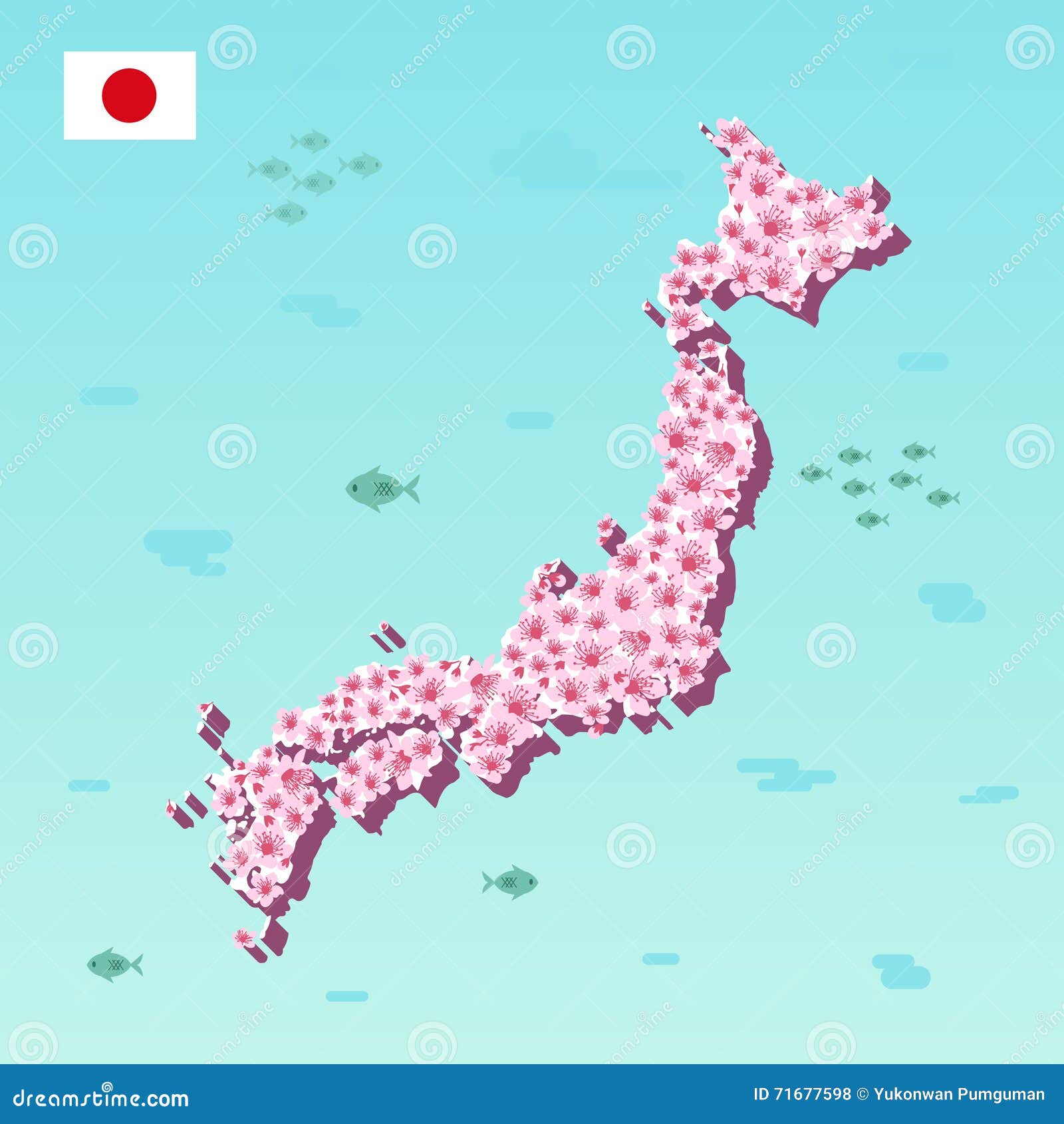 Japan Map with Pink Sakura, Blooming Flower, Vector Illustration Stock ...