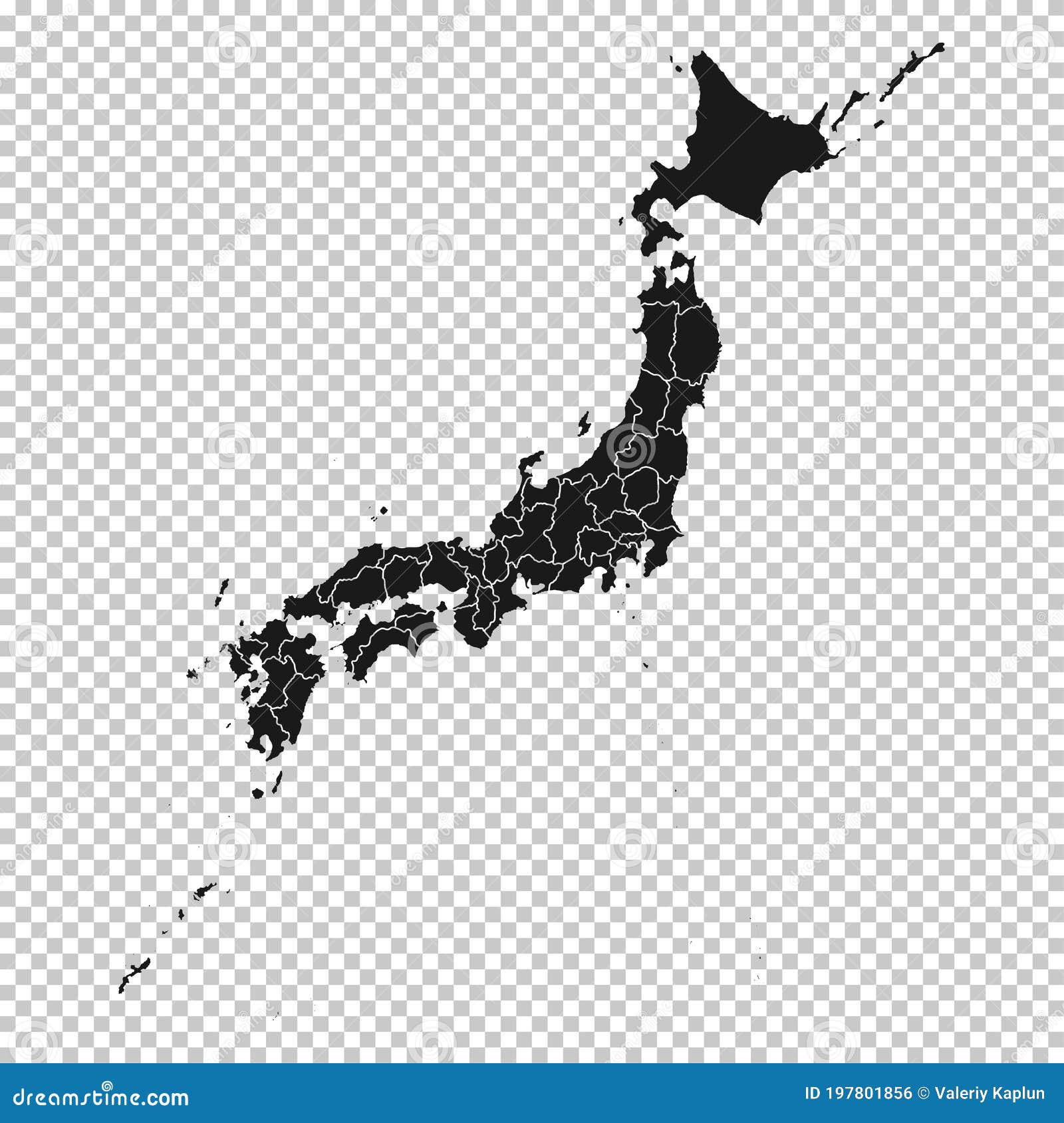Japan Map - Vector Solid Contour and State Regions on Transparent ...
