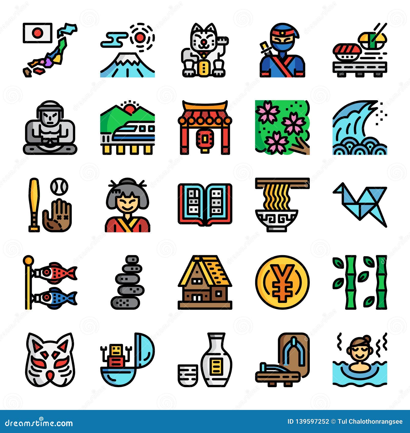 Japan Pixel Perfect Color Line Icons Stock Vector - Illustration of ...